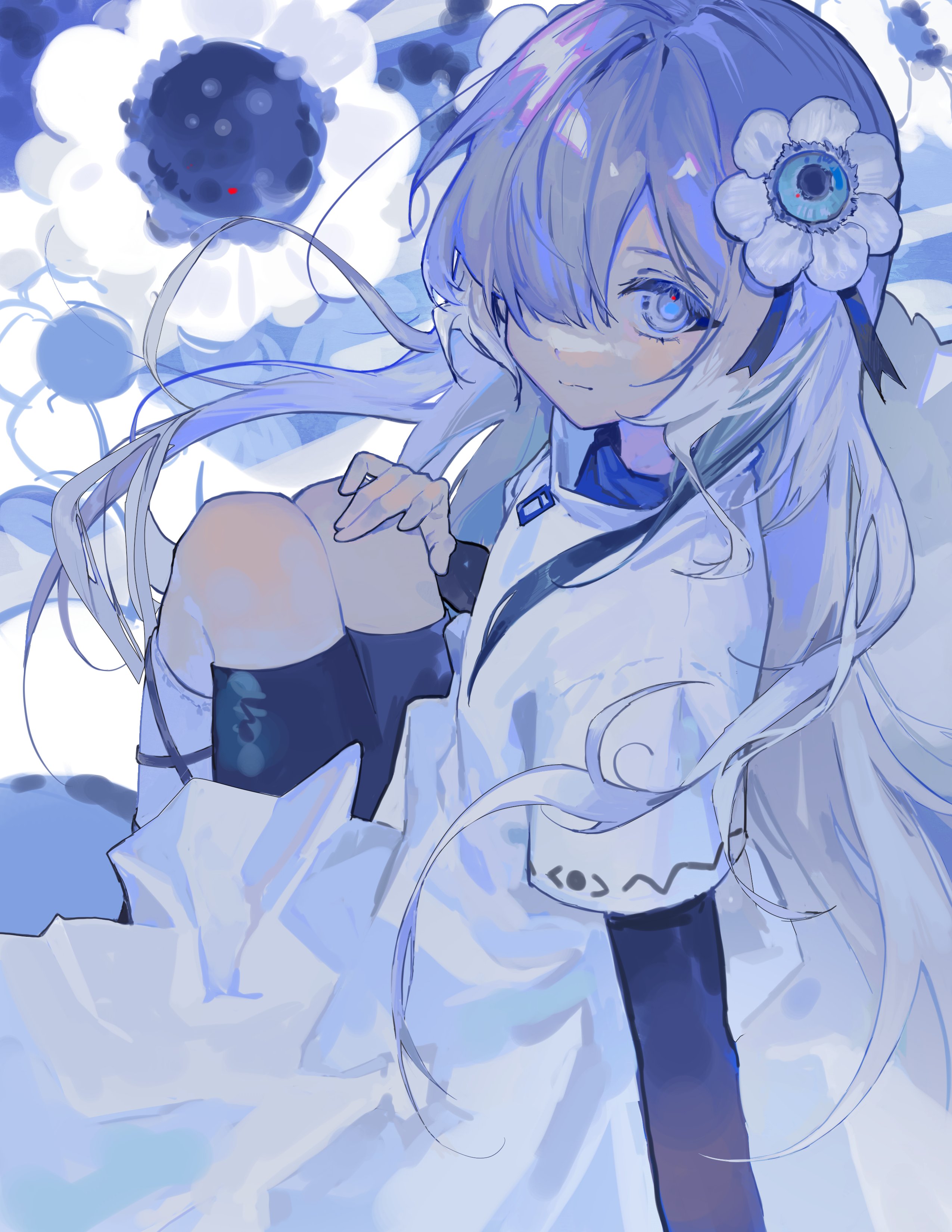Safebooru - 1girl absurdres black hair blue eyes closed mouth dress flower grey hair hair ...
