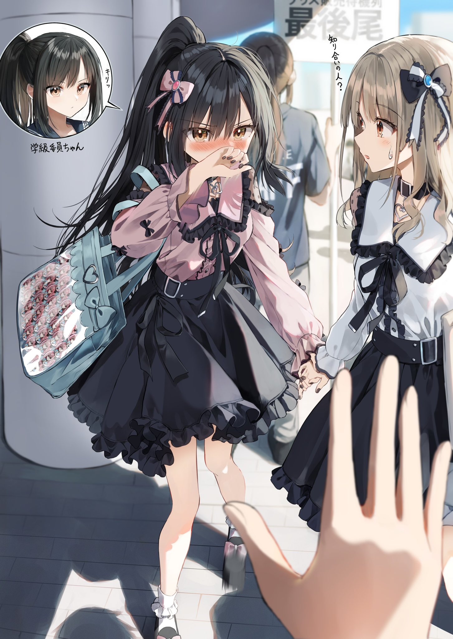 Safebooru - 1boy 3girls bag black bow black footwear black hair black nails black shirt black ...