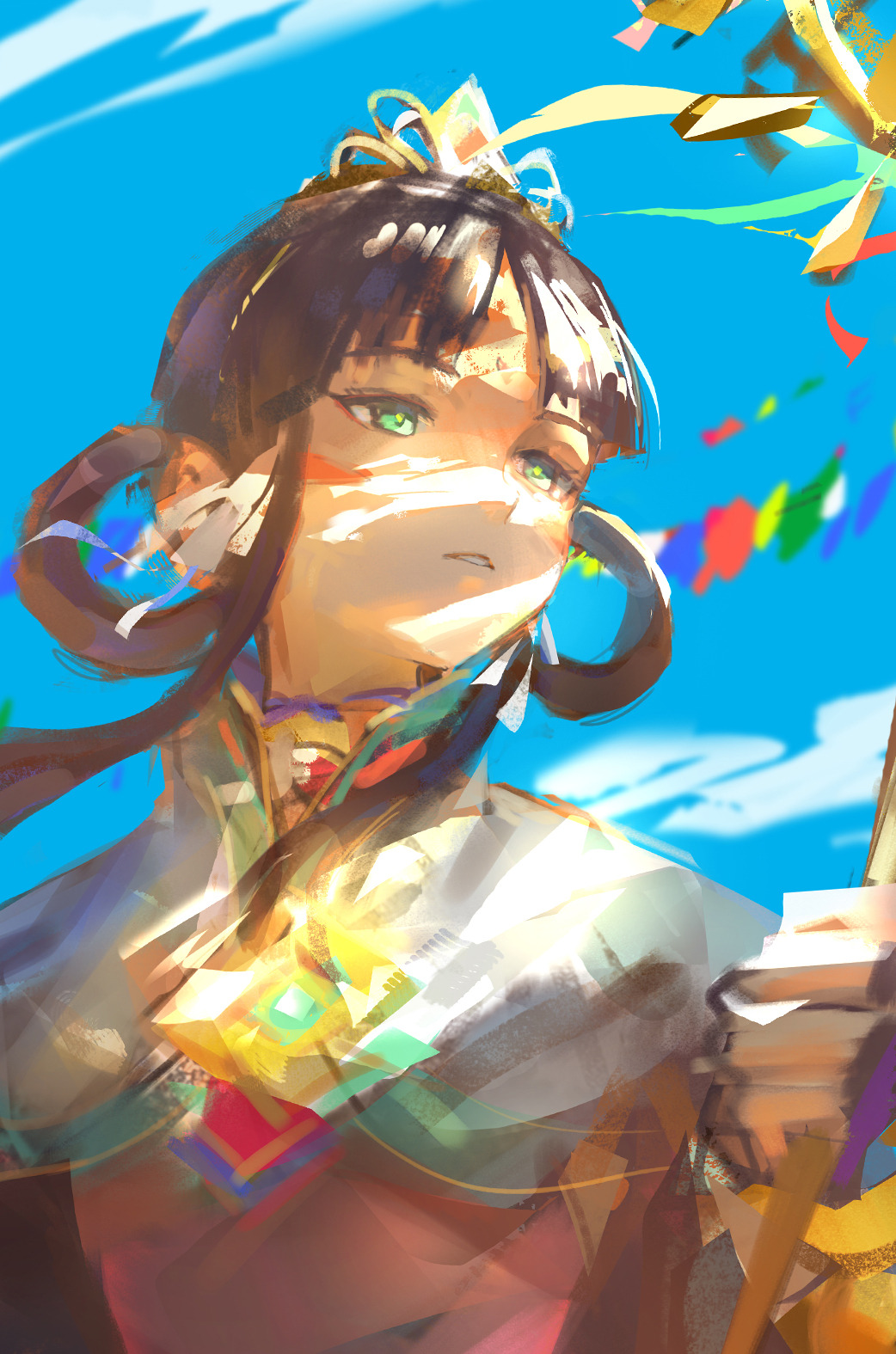 Safebooru - 1girl ace attorney black hair blue background blue sky blunt bangs brown shirt ...