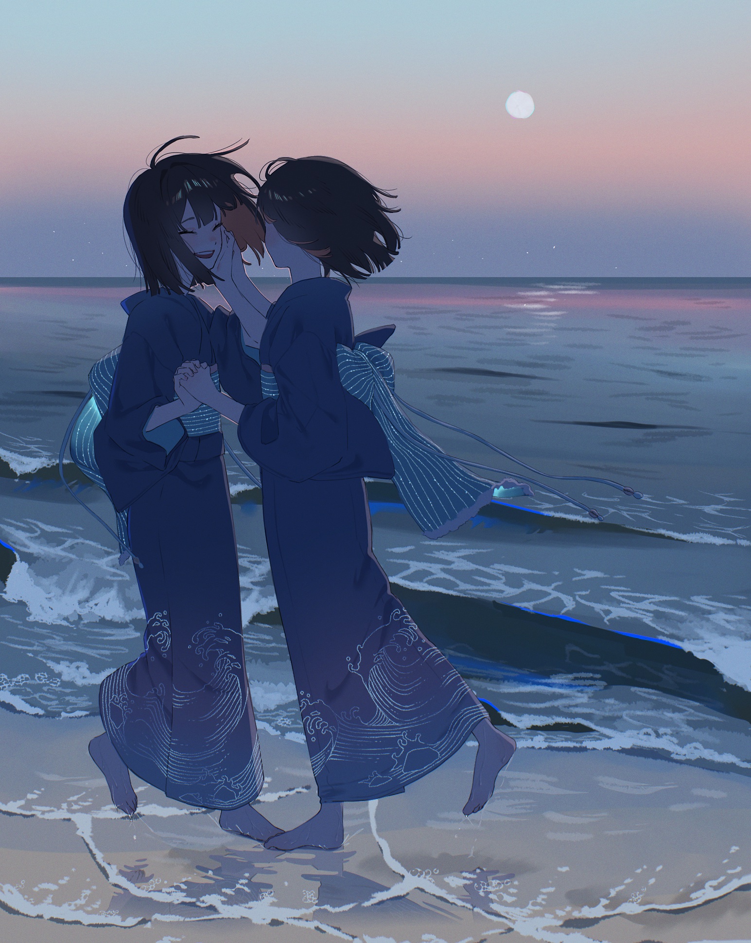 Safebooru - 2girls ahoge barefoot beach black hair blue kimono blue sash blue sky closed eyes ...