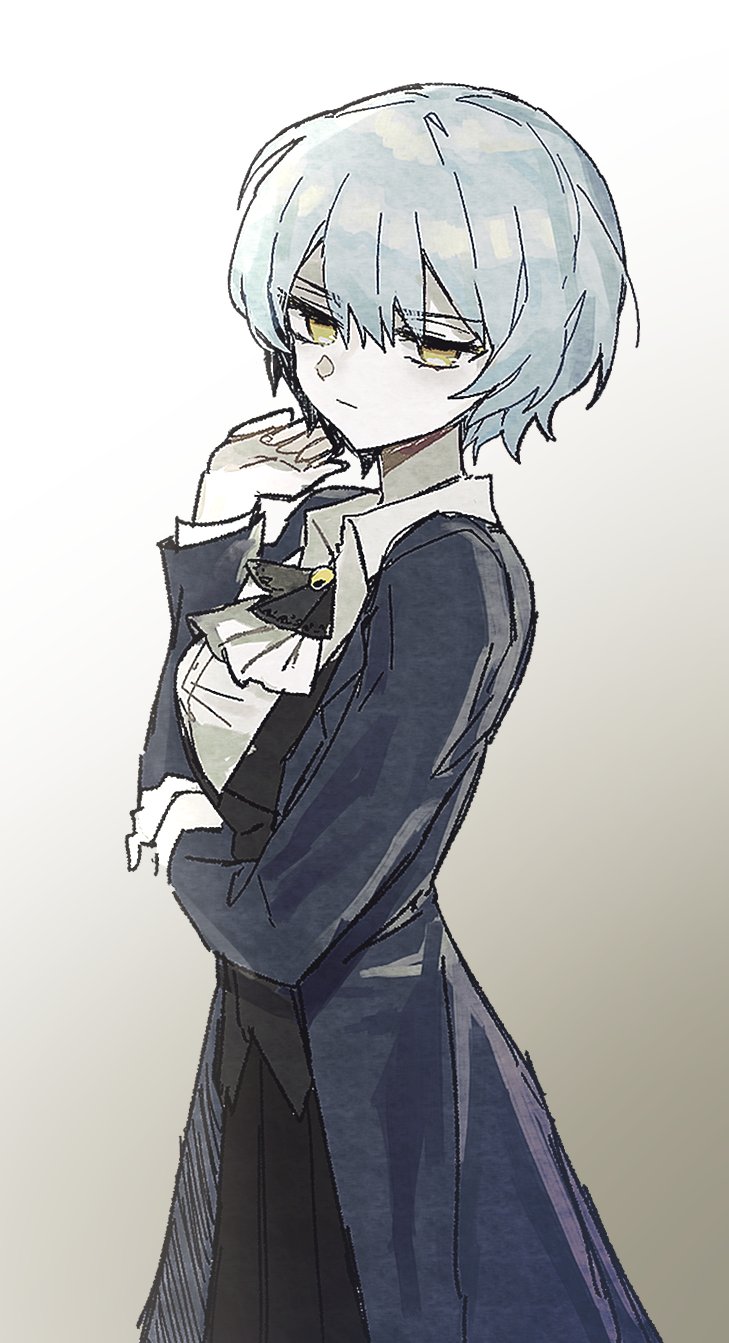 Safebooru - 1girl angela (project moon) ascot black skirt black vest blue coat blue hair breasts ...