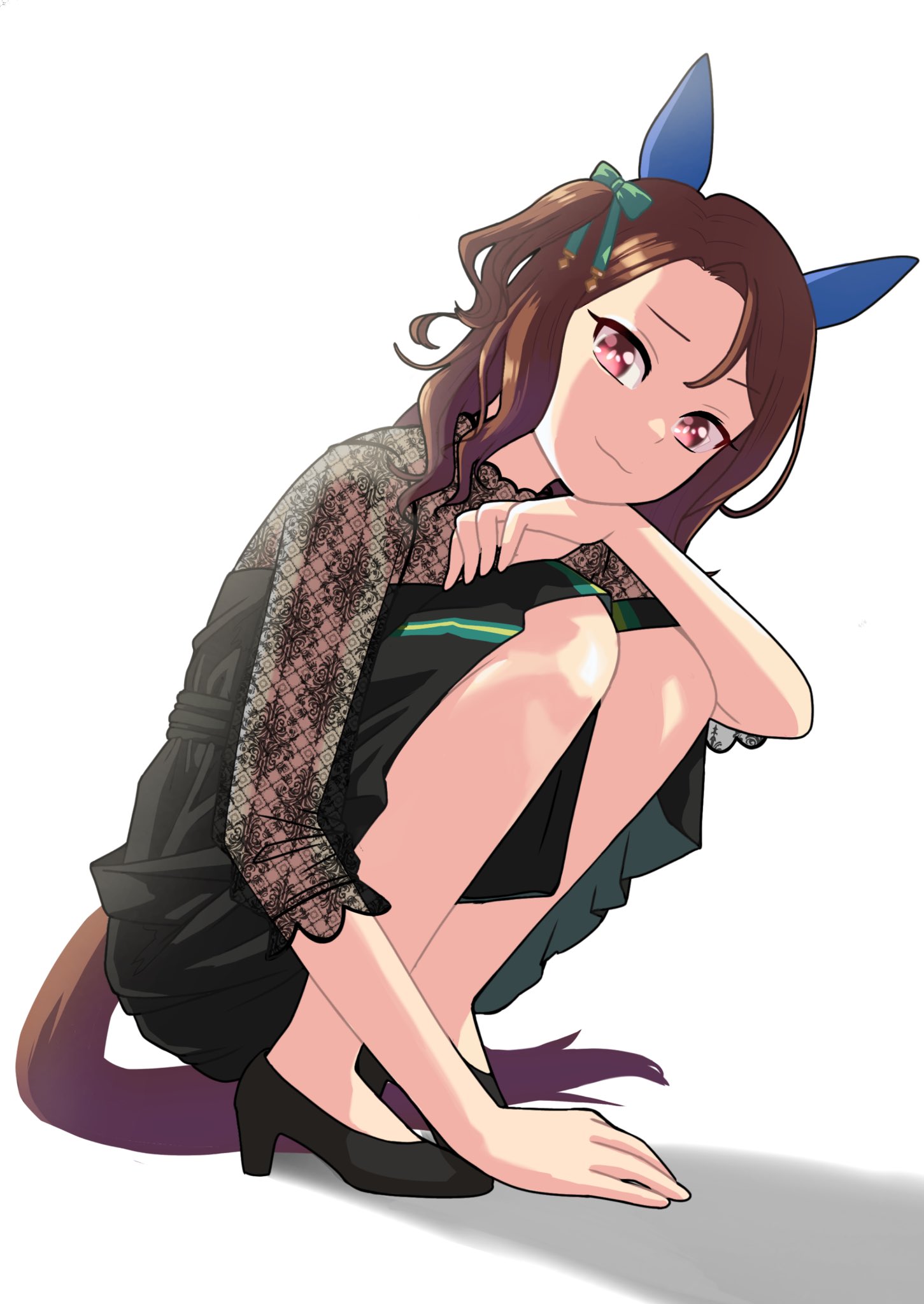 Safebooru - 1girl animal ears black dress black footwear brown hair dress ear covers high heels ...