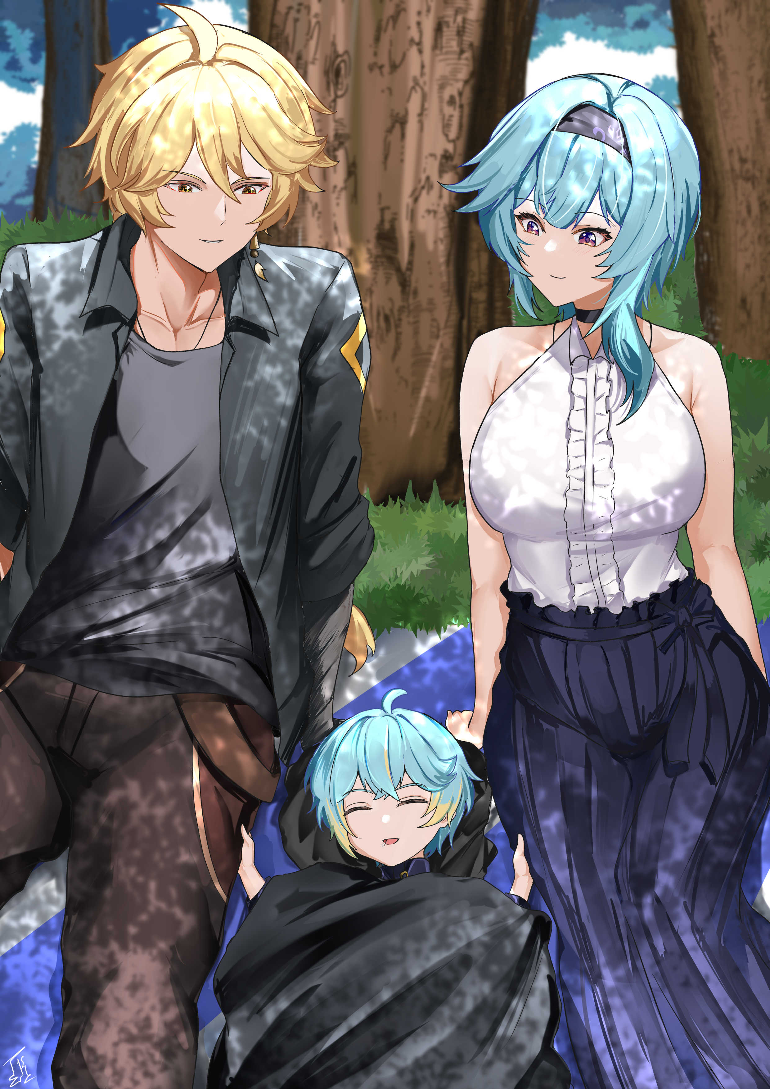 Safebooru - 1girl 2boys absurdres aether (genshin impact) ahoge alternate costume bare shoulders ...