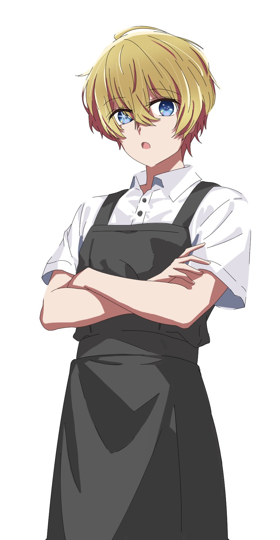 Safebooru - 1boy alternate costume apron black apron blonde hair blue eyes crossed arms highres ...
