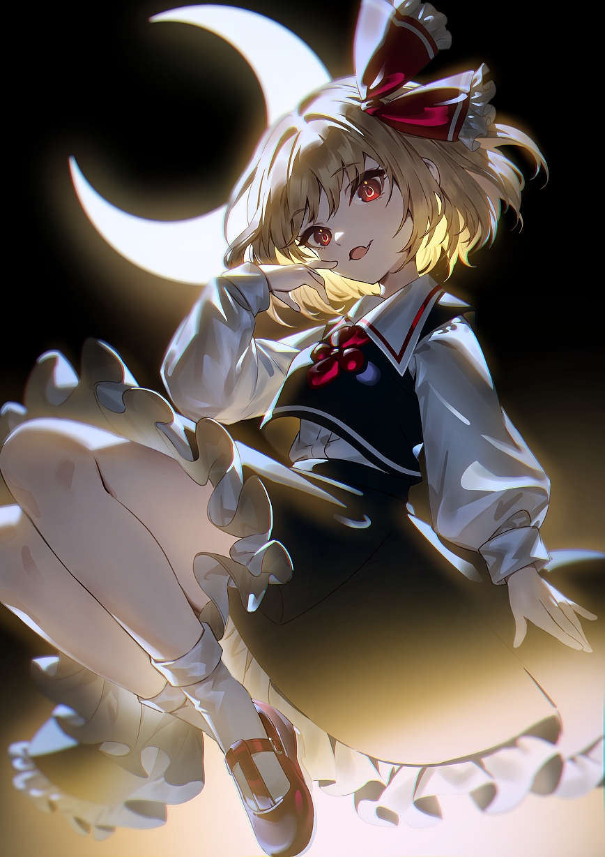 Safebooru - 1girl black skirt black vest blonde hair collared shirt crescent moon fang frilled ...