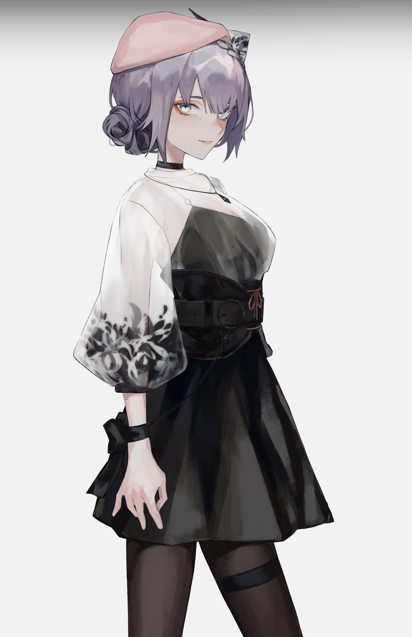 Safebooru - 1girl belt beret black choker black pantyhose choker commission dress green eyes hat ...