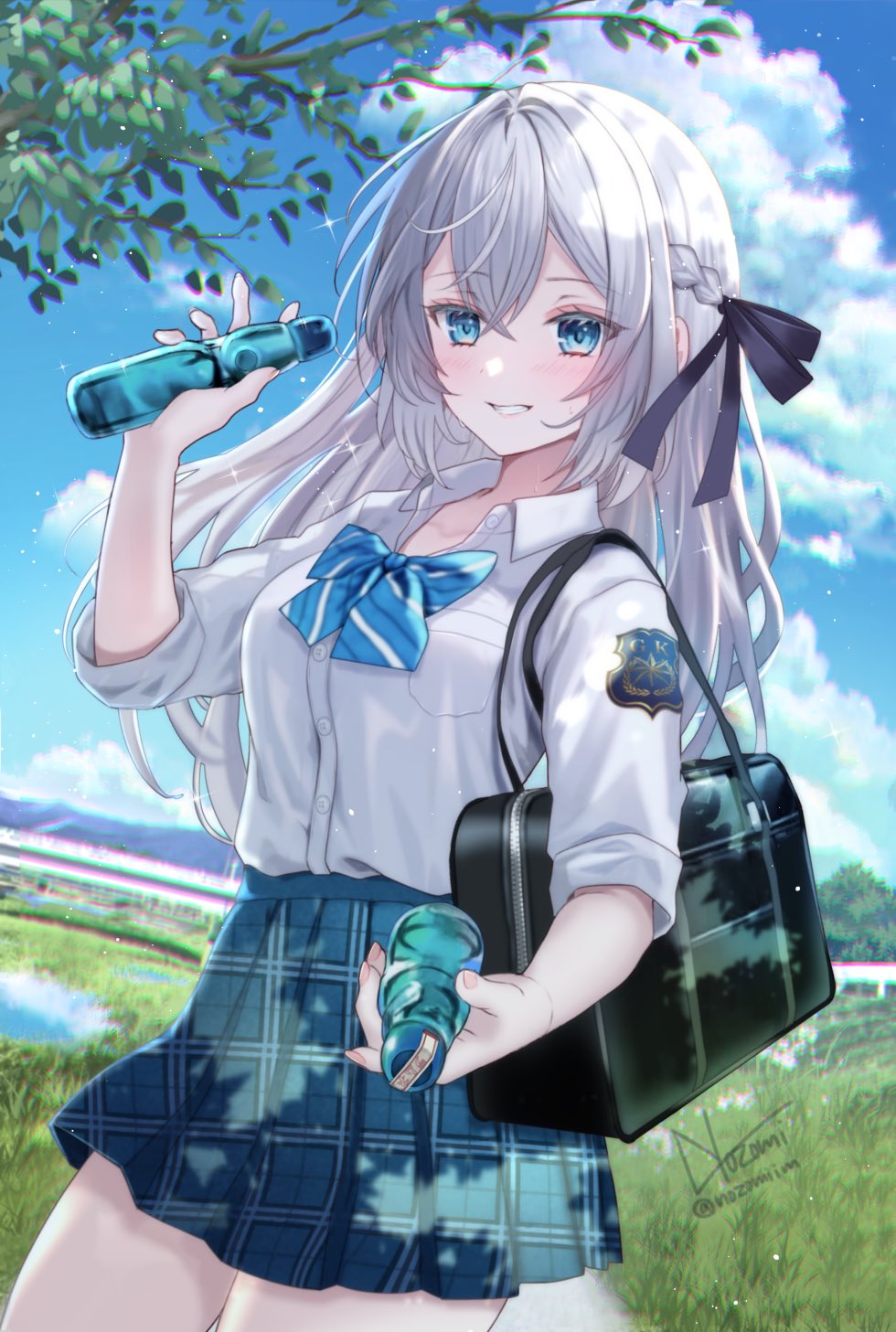 Safebooru - 1girl bag black bag black ribbon blue bow blue bowtie blue eyes blue skirt blue sky ...