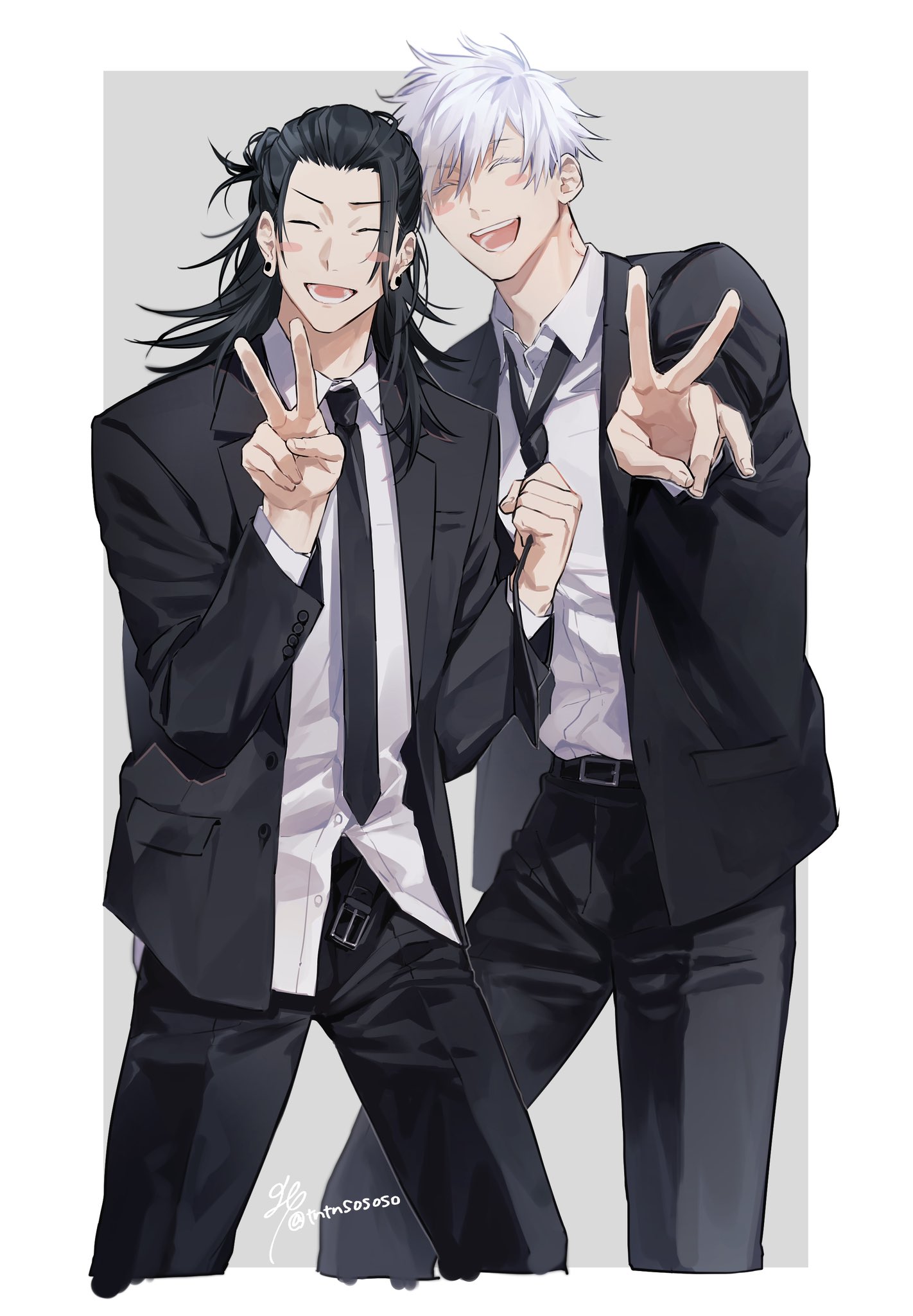Safebooru - 2boys :d ^ ^ belt black belt black hair black jacket black ...
