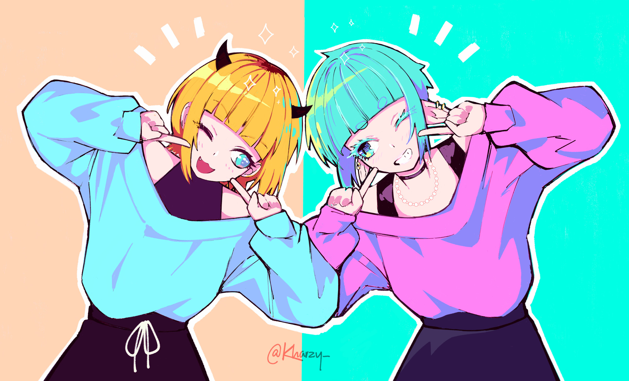 Safebooru - 1boy 1girl :3 aqua background aqua hair bare shoulders bead necklace beads black ...