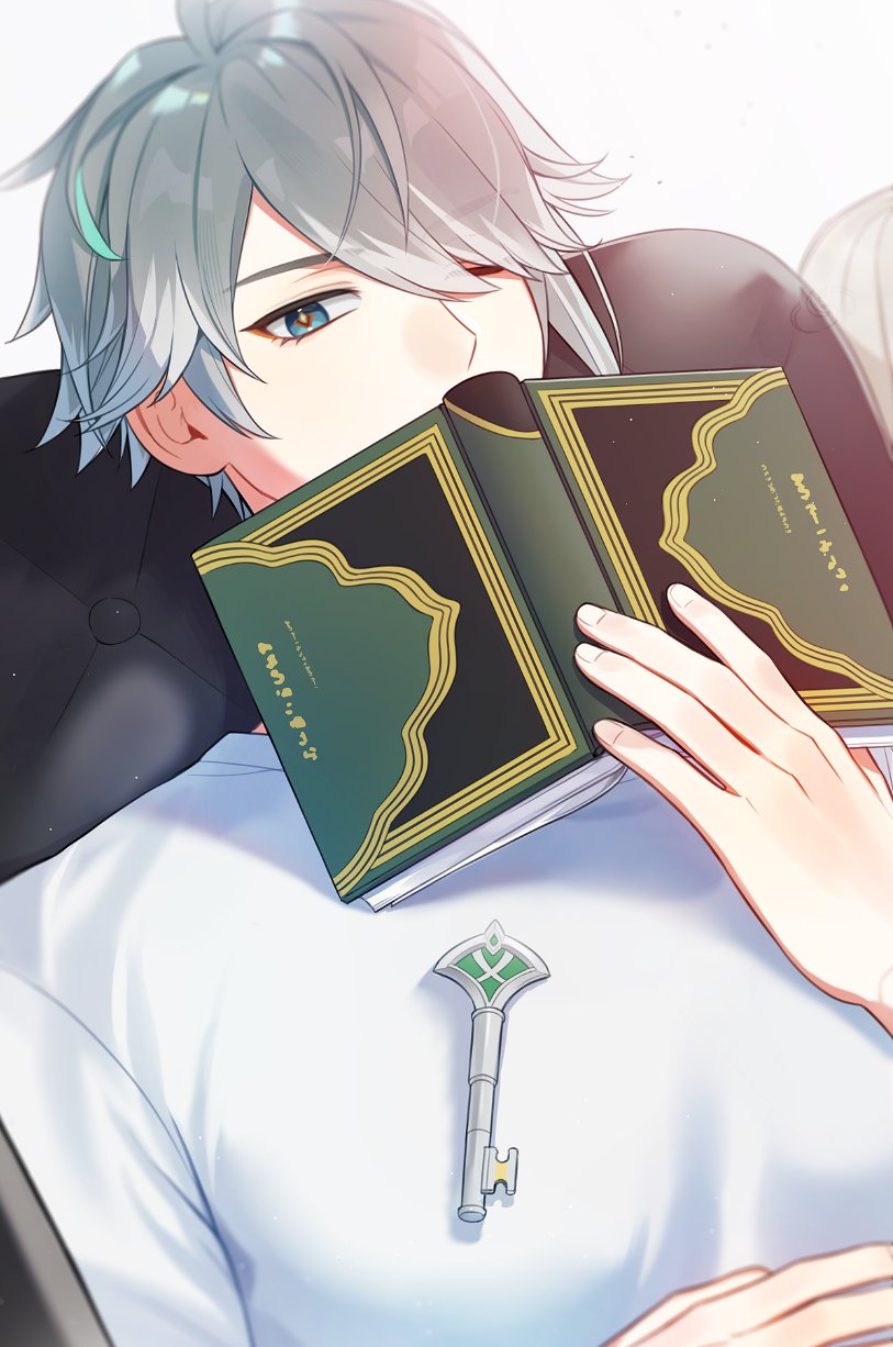 Safebooru - 1boy alhaitham (genshin impact) aqua eyes book couch eungori genshin impact grey ...