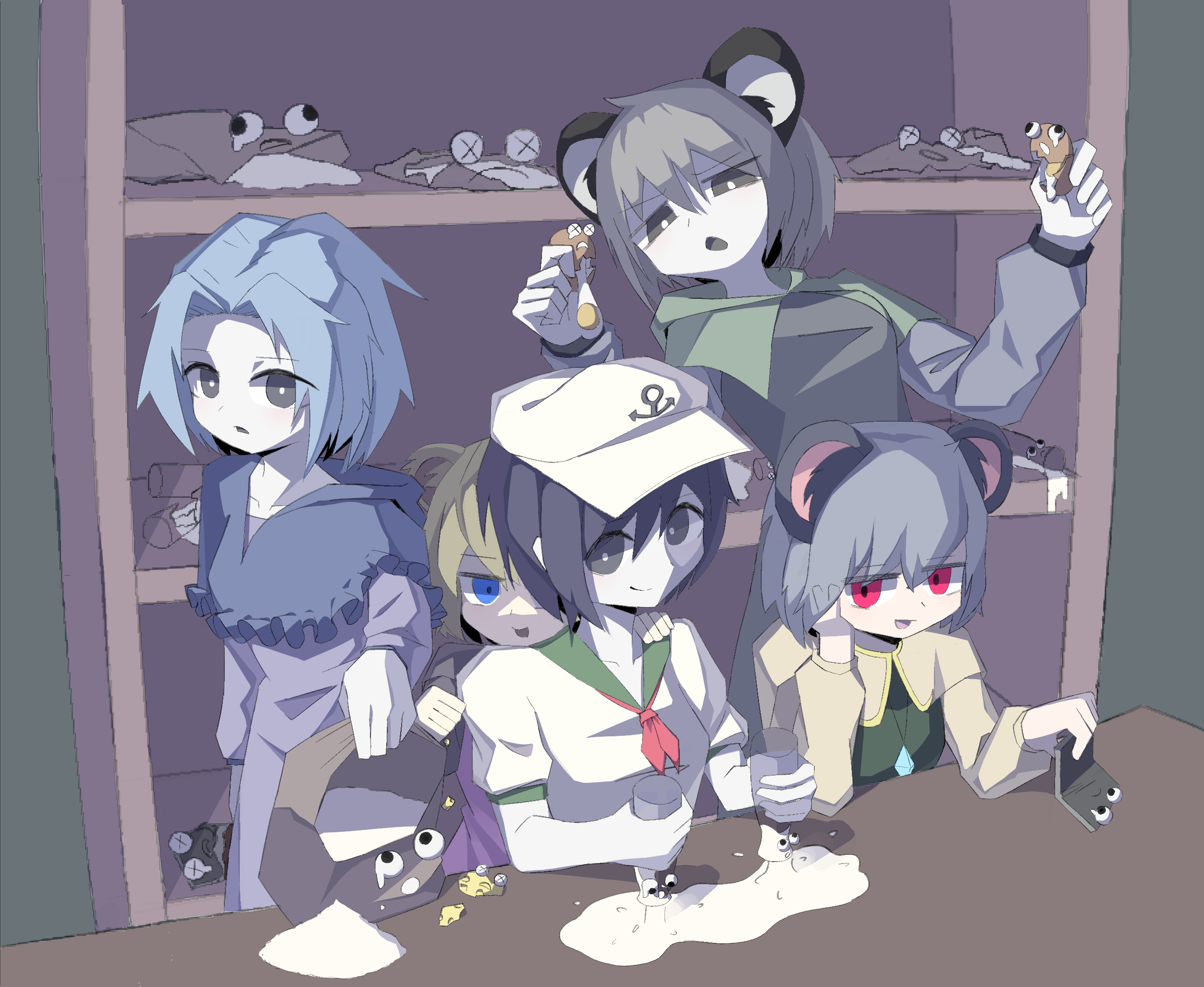 Safebooru - 5girls anchor symbol animal ears black eyes black hair blue eyes blue hair bottle ...