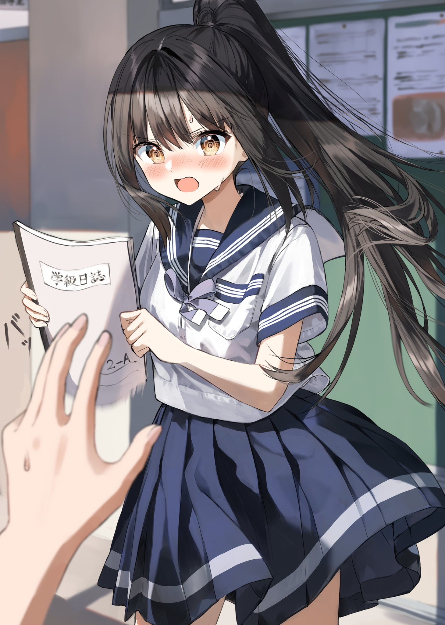 Safebooru - 1boy 1girl @ @ black hair blue sailor collar blue skirt blurry blurry background ...