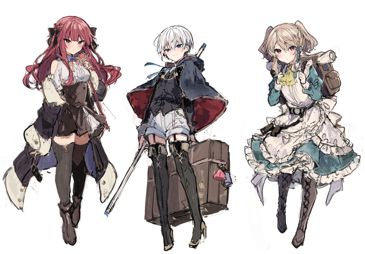 Safebooru - 3girls anna (ikeuchi tanuma) apron ascot backpack bag bare shoulders black bow black ...