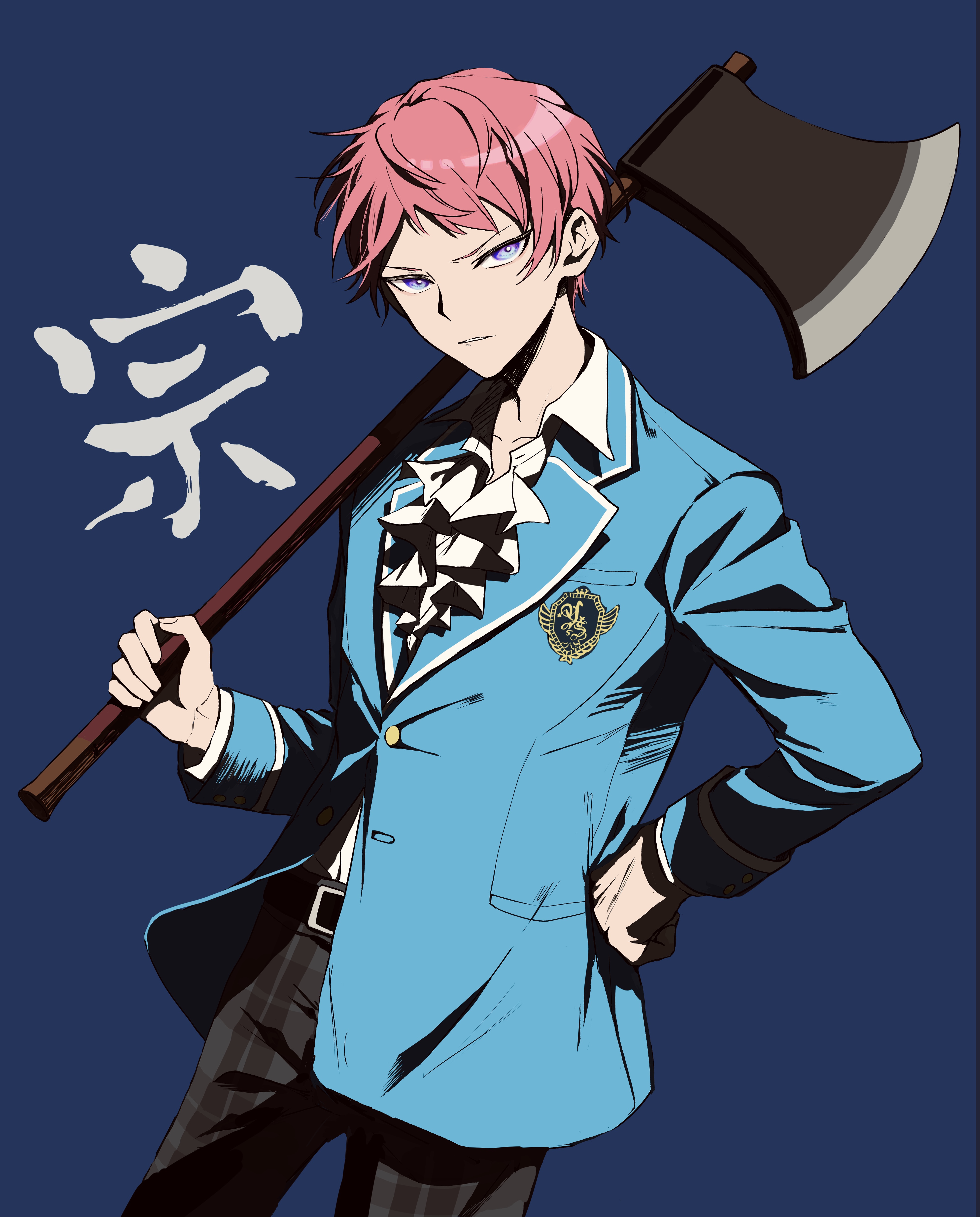 Safebooru - 1boy absurdres ascot axe belt belt buckle black belt blazer blue background blue ...