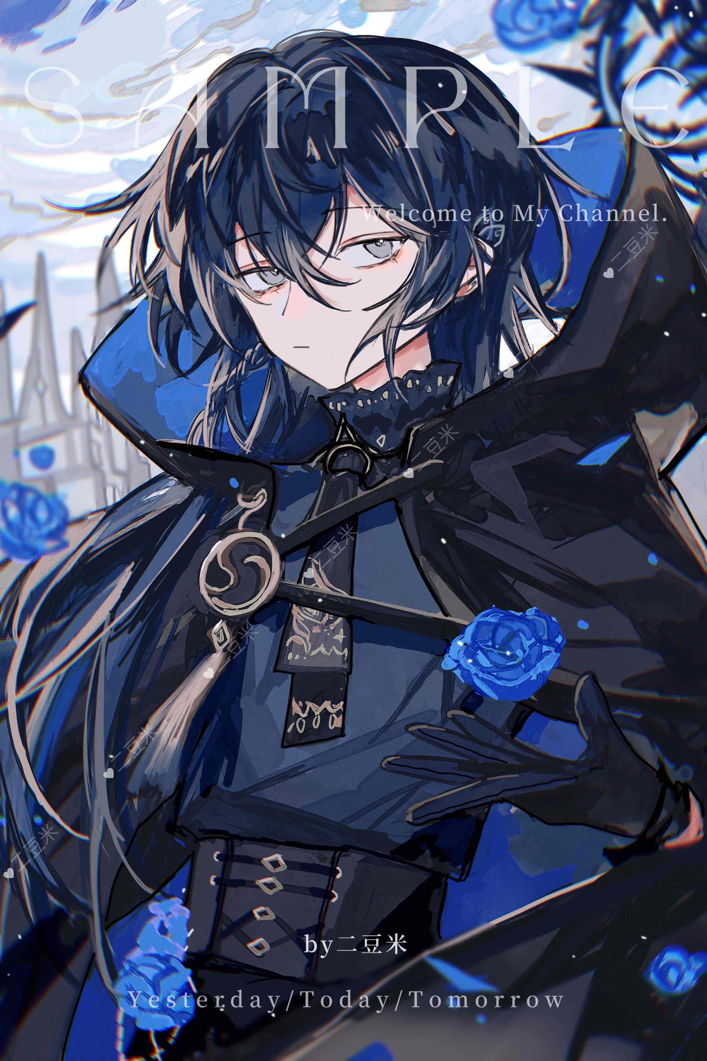 Safebooru - 1boy absurdres black cloak black corset black gloves black hair black pants blue ...