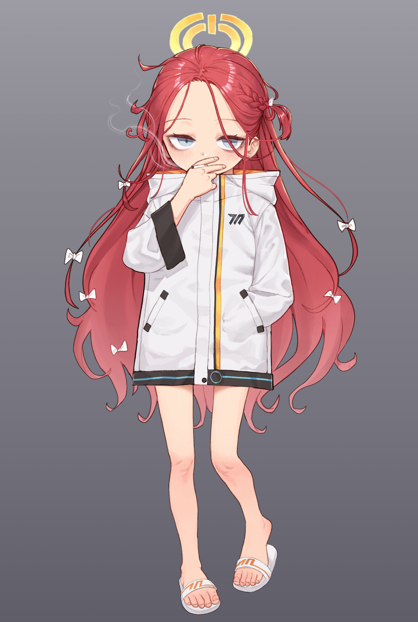 Safebooru - 1girl blue archive blue eyes blush cigarette coat feet forehead full body grey ...