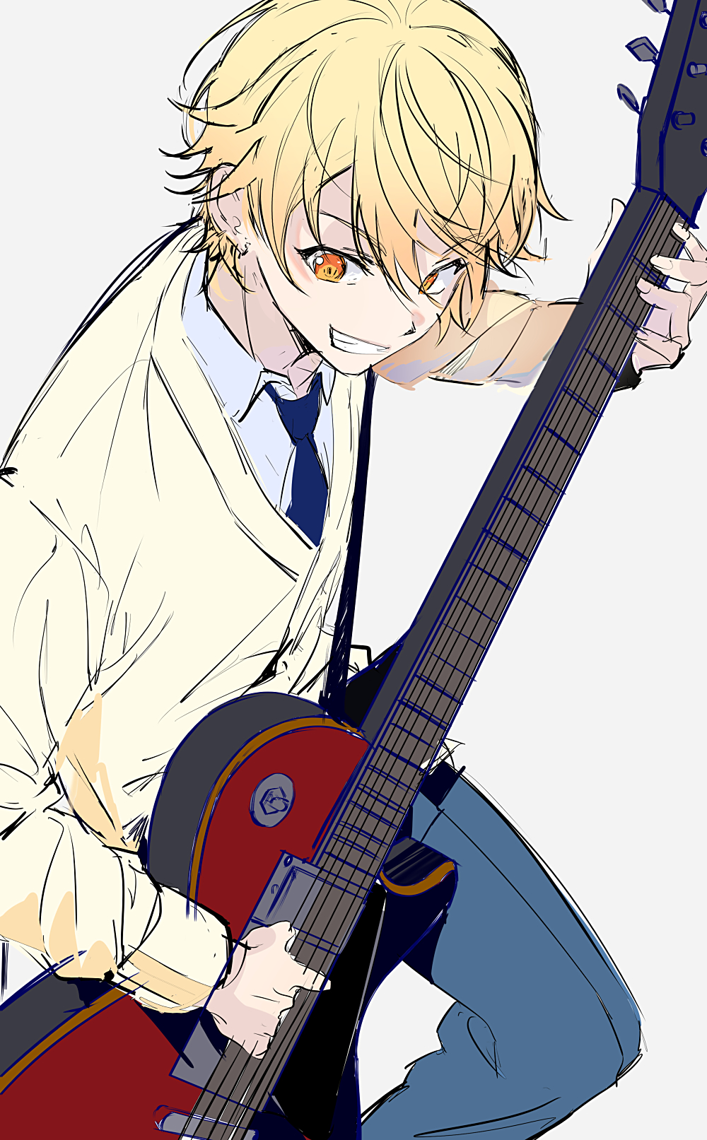 Safebooru - 1boy blonde hair blue necktie blue pants cardigan collared shirt commentary electric ...