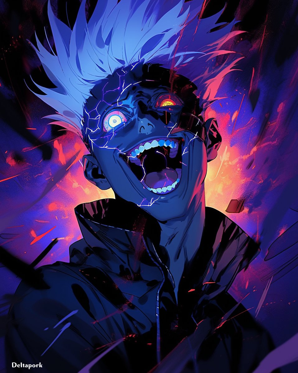Safebooru - 1boy artist name black coat coat deltapork electricity gojou satoru jujutsu kaisen ...