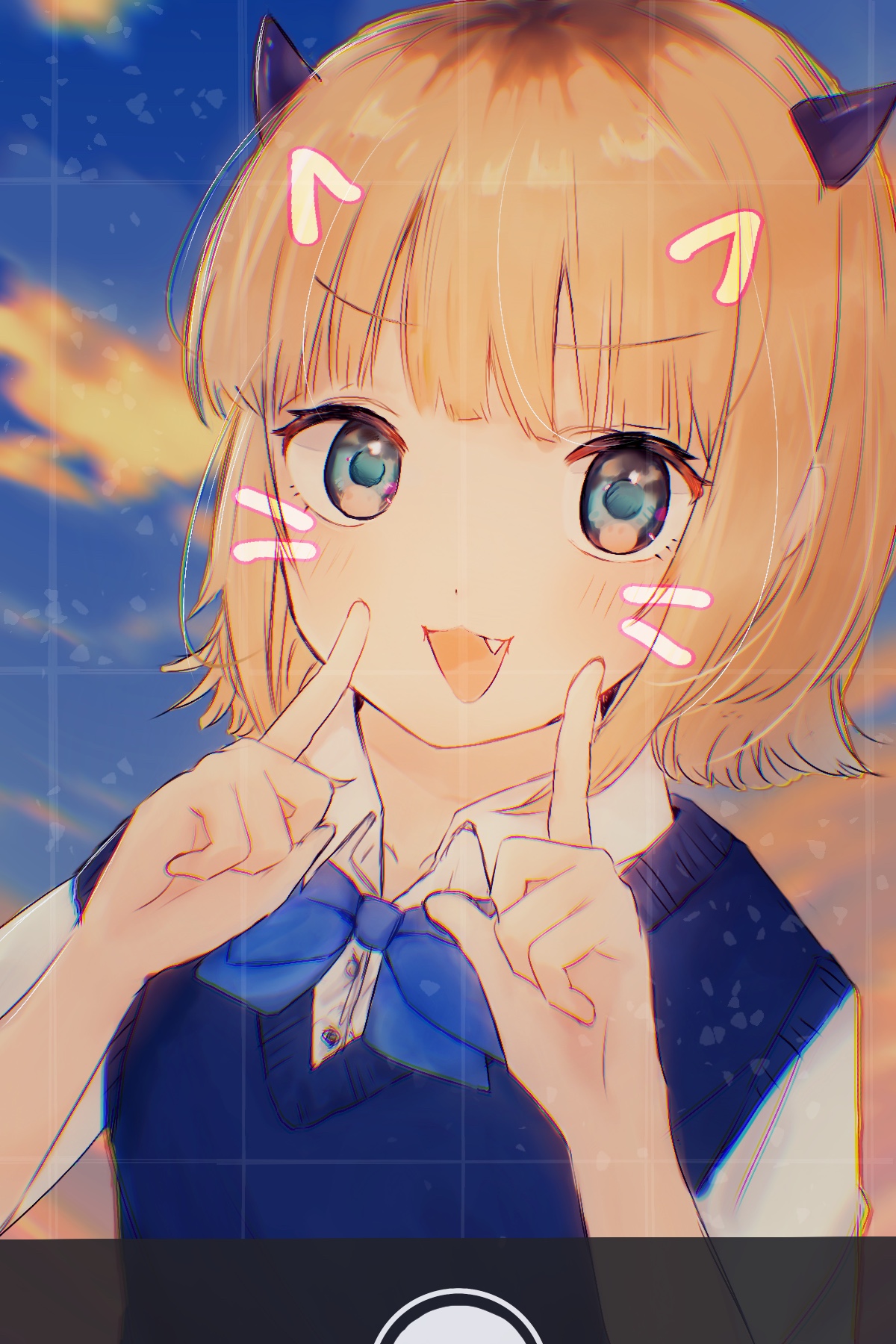 Safebooru - 1girl black sweater vest blonde hair blue bow blue bowtie blue eyes blurry blurry ...
