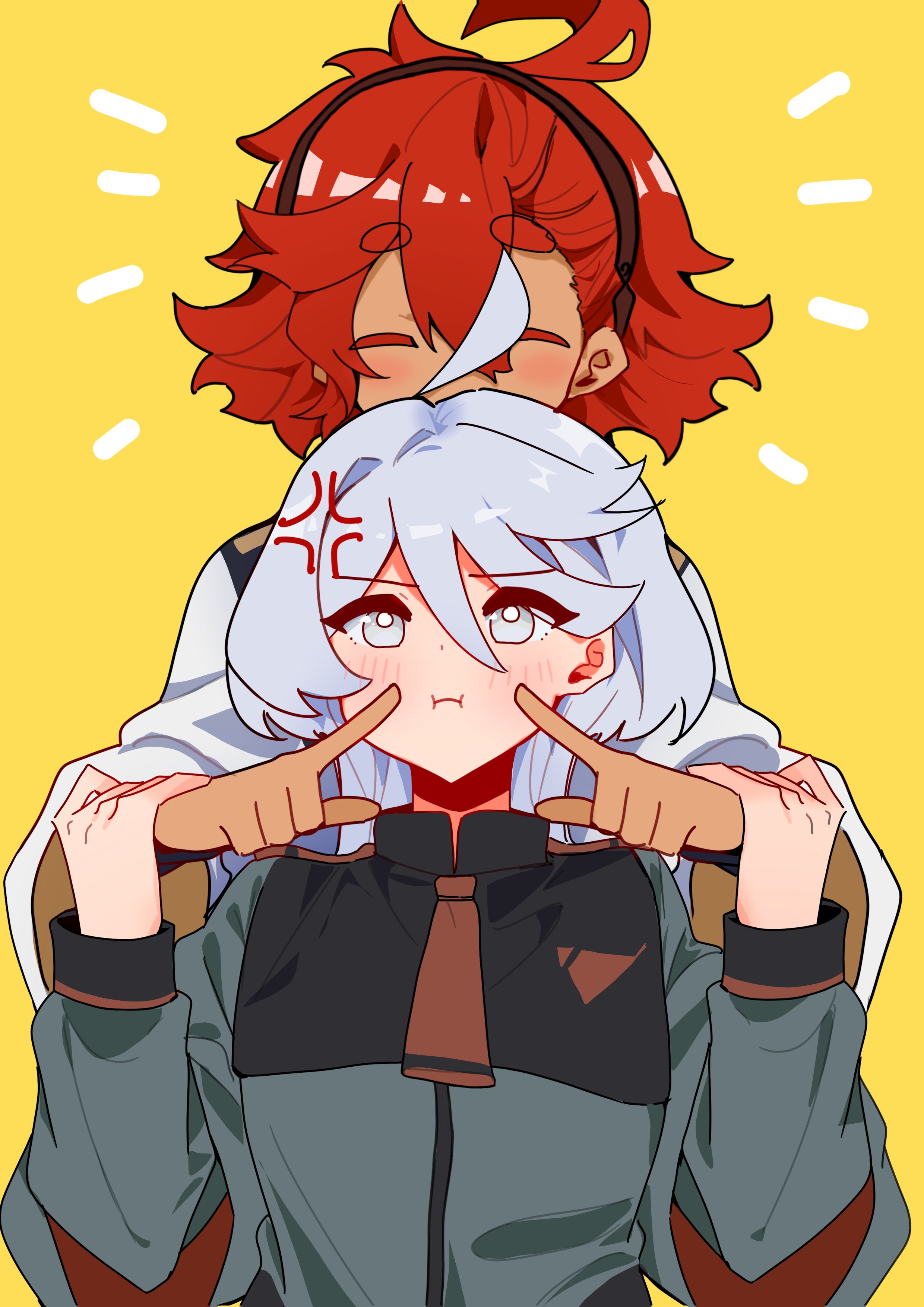 Safebooru - 2girls absurdres anger vein cheek poking closed eyes dark-skinned female dark skin ...