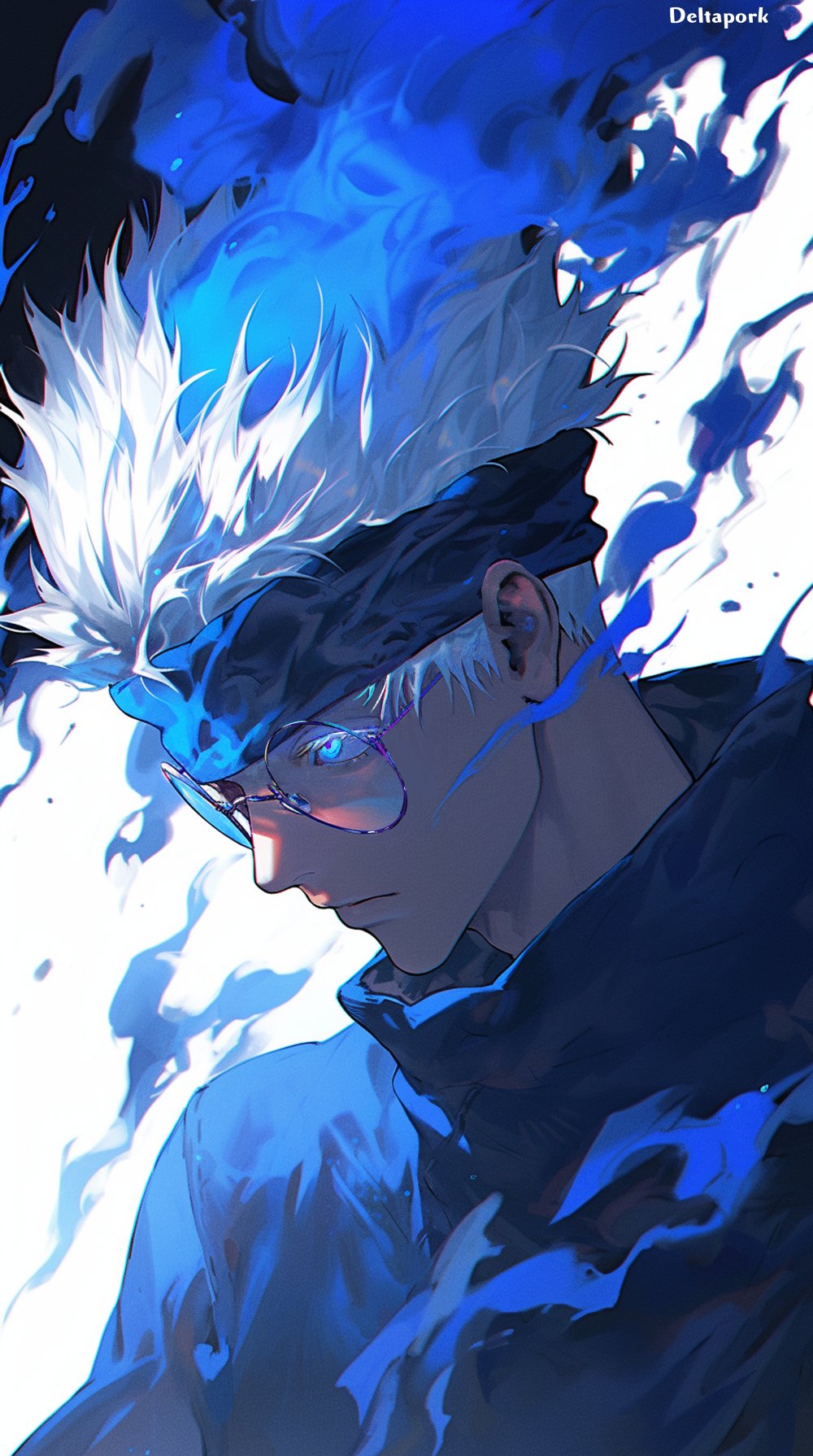 Safebooru - 1boy black jacket blindfold blindfold lift blue eyes deltapork glowing glowing eyes ...