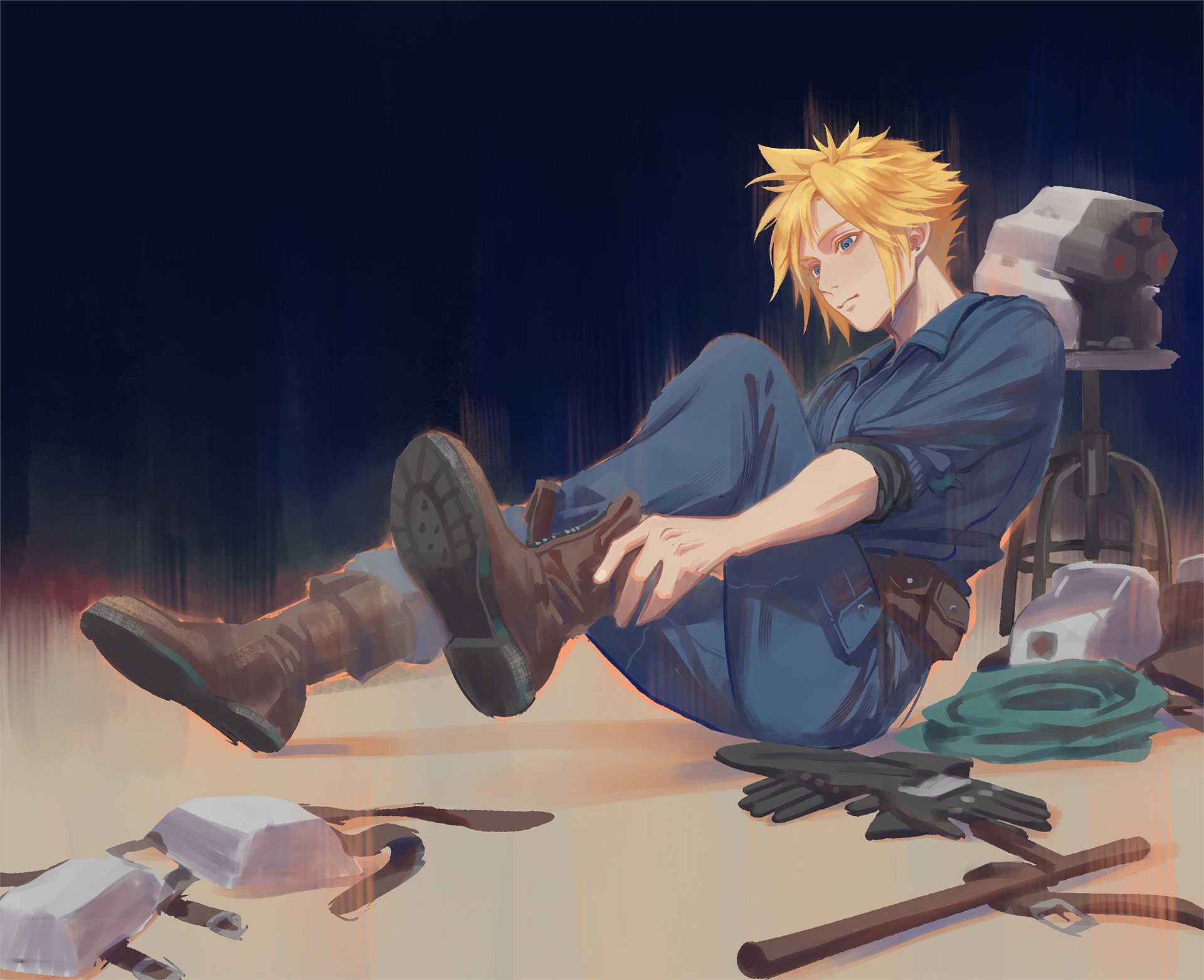 Safebooru - 1boy black undershirt blonde hair blue eyes blue jacket blue pants boots brown ...