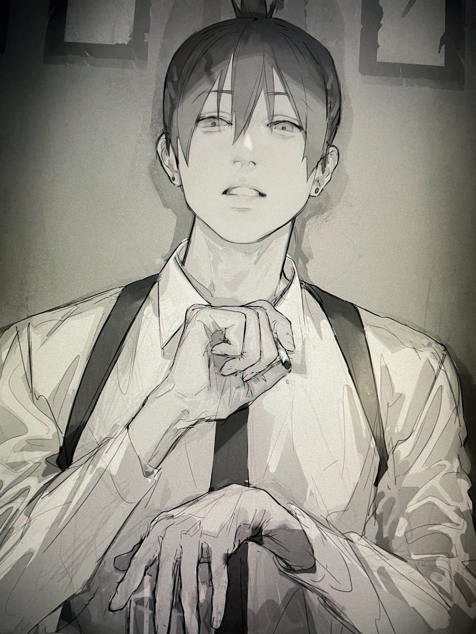 Safebooru - 1boy black hair black necktie chainsaw man cigarette collared shirt earrings ...