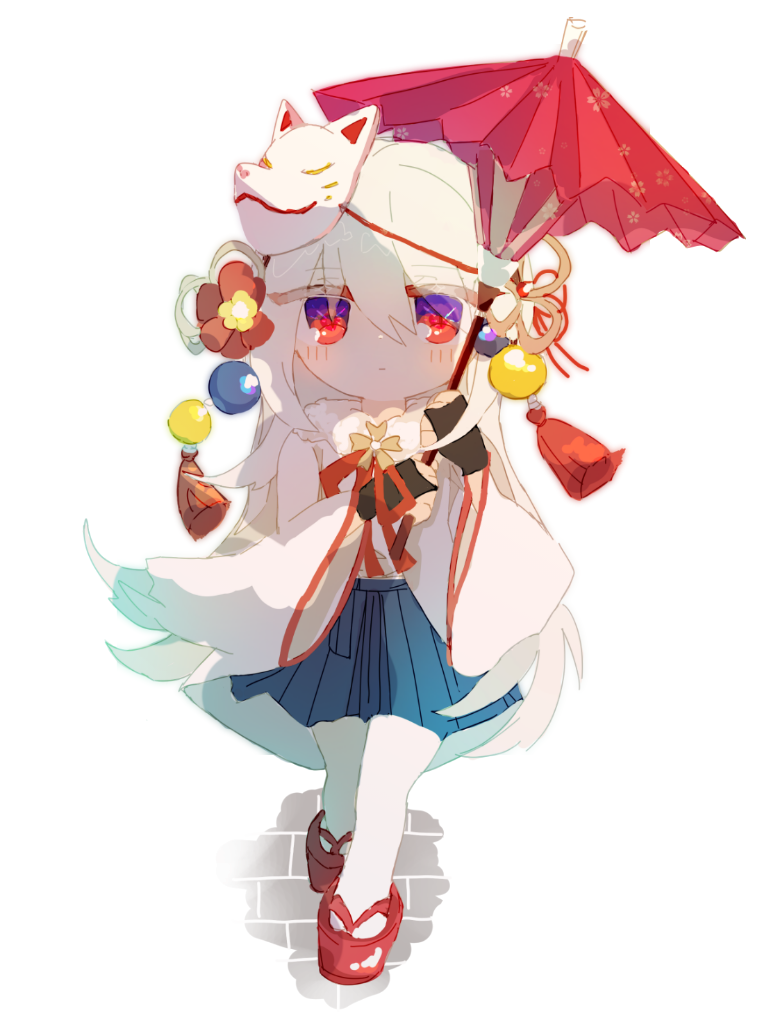 Safebooru - 1girl blue skirt flower fox mask hair flower hair ornament holding holding umbrella ...