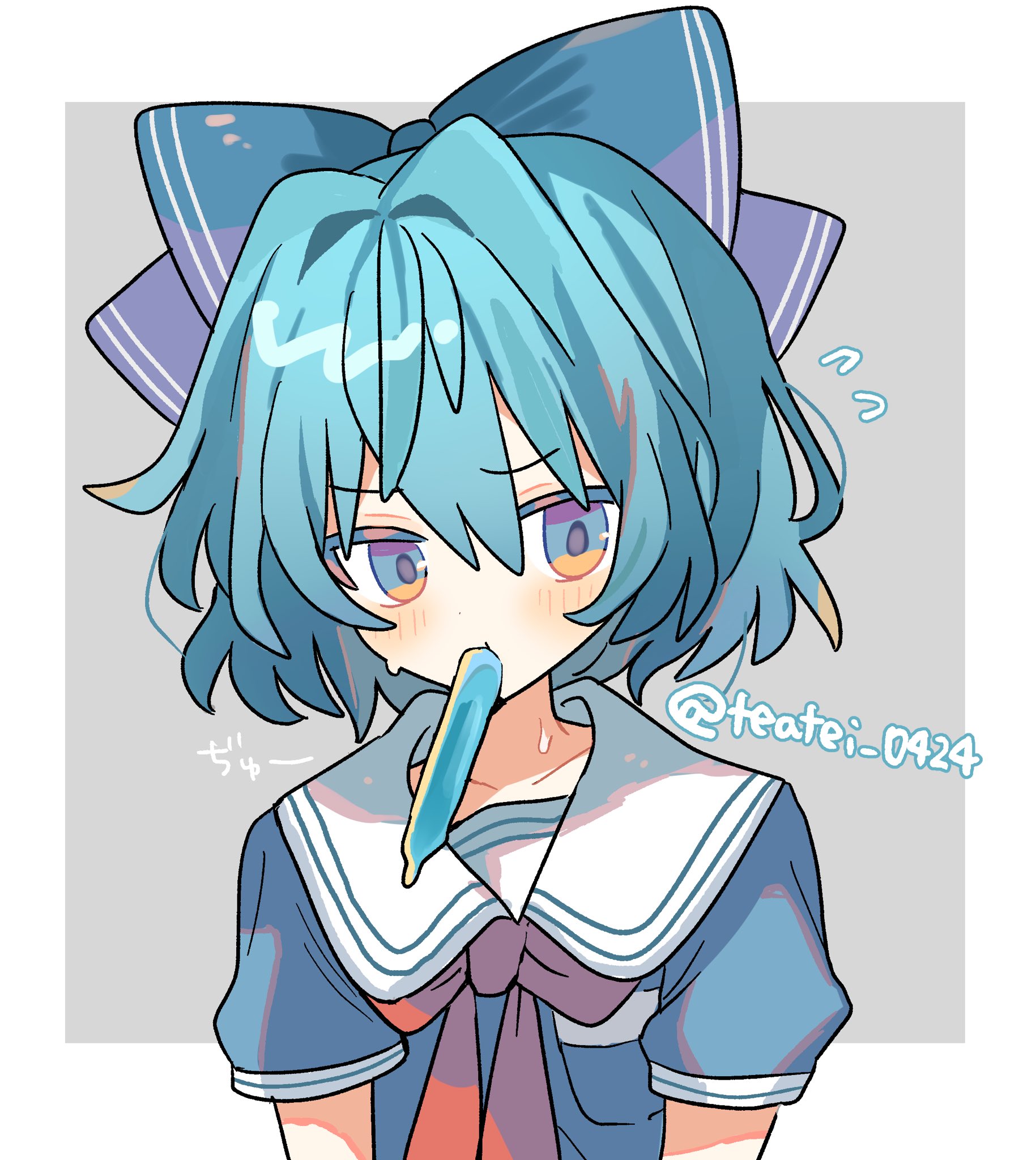 Safebooru - 1girl blue hair blush border bow bowtie cirno food furrowed brow grey background ...