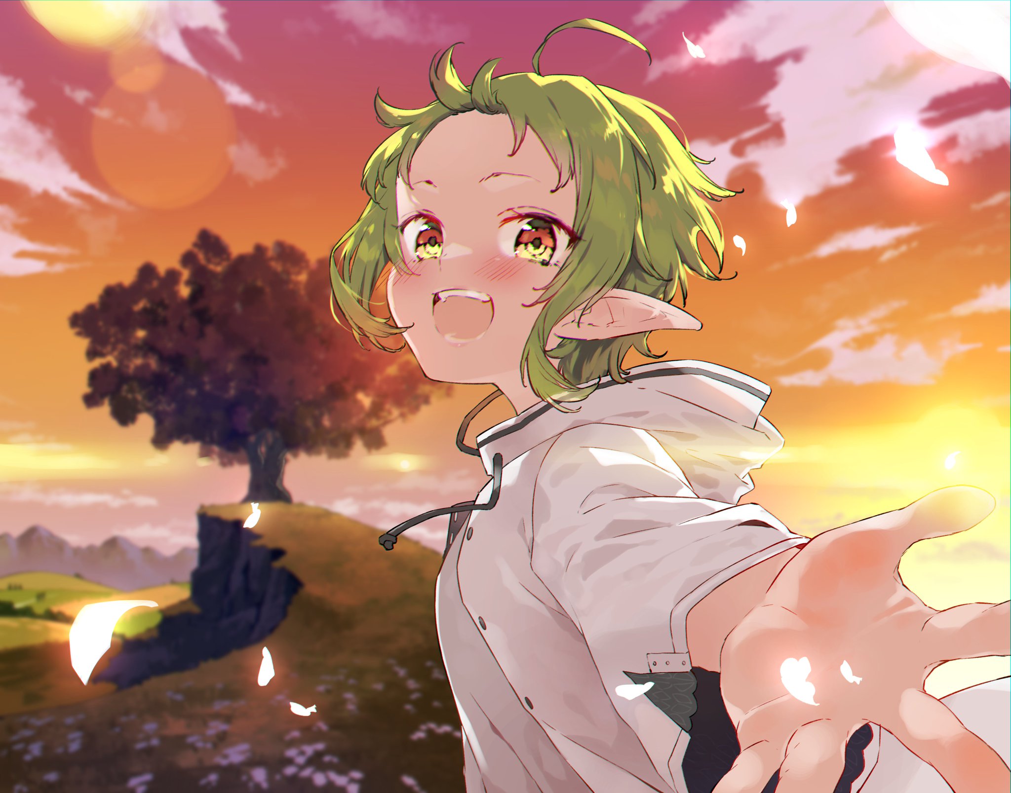 Safebooru - 1girl ahoge elf forehead green hair highres hood hooded ...