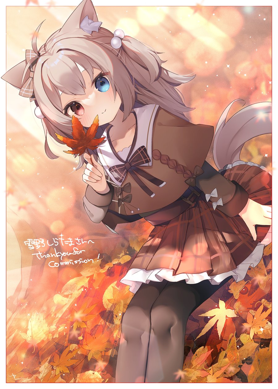 Safebooru - 1girl animal ears autumn autumn leaves black pantyhose black shirt blue eyes bow ...