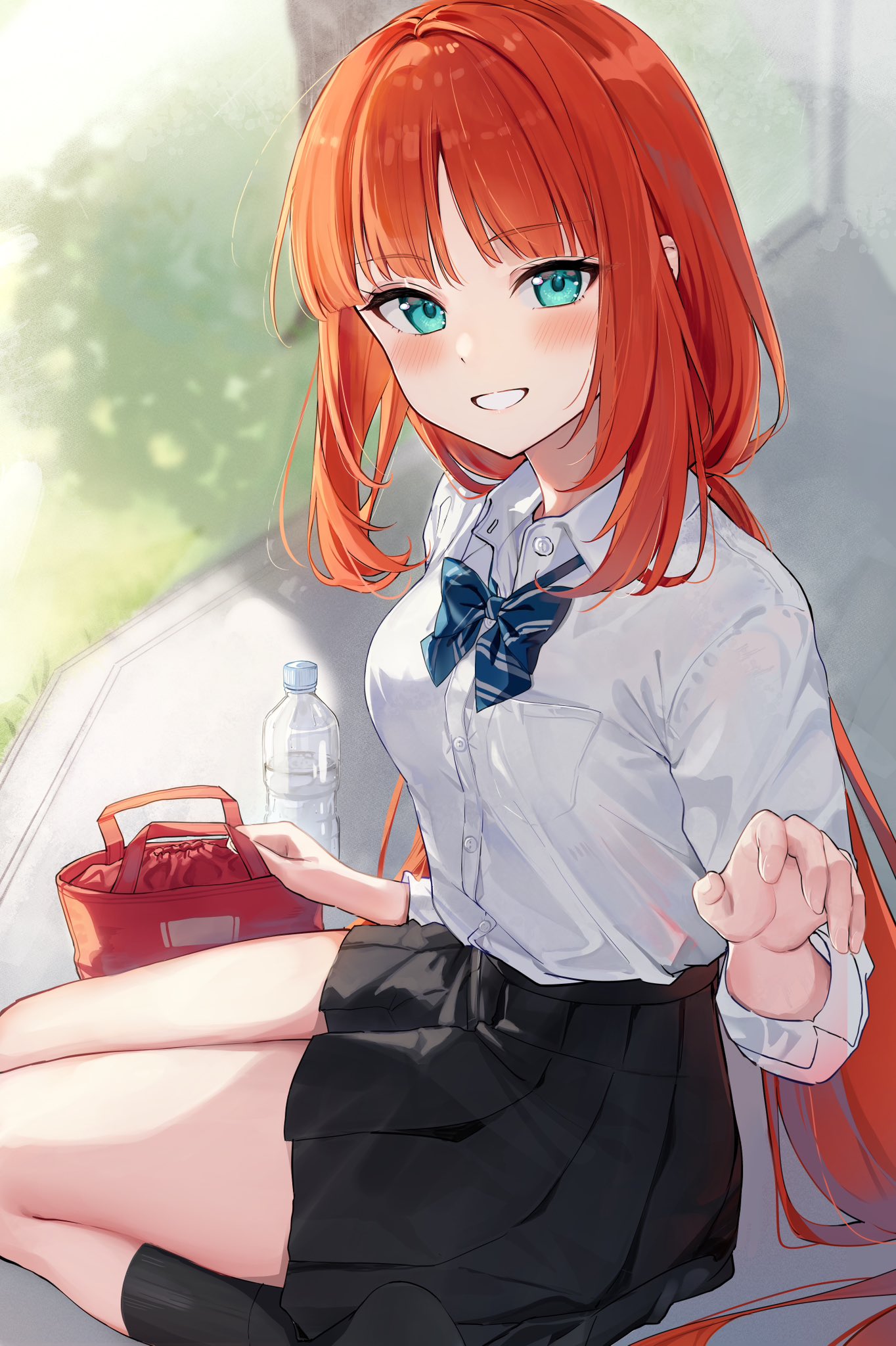 Safebooru - 1girl aqua eyes auui bag black skirt blue bow blue bowtie blush bottle bow bowtie ...