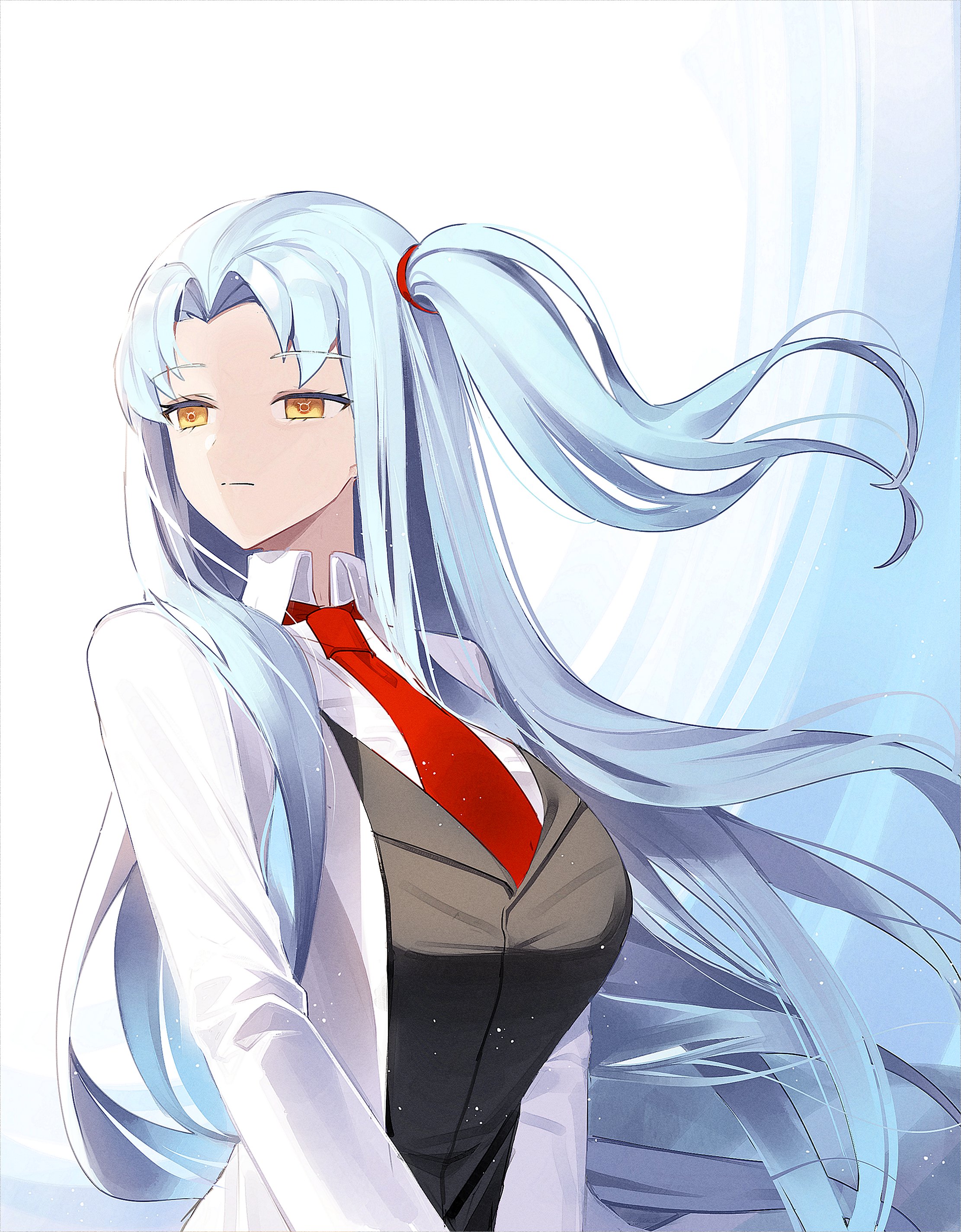 Safebooru - 1girl absurdres angela (project moon) black vest blue hair breasts closed mouth coat ...