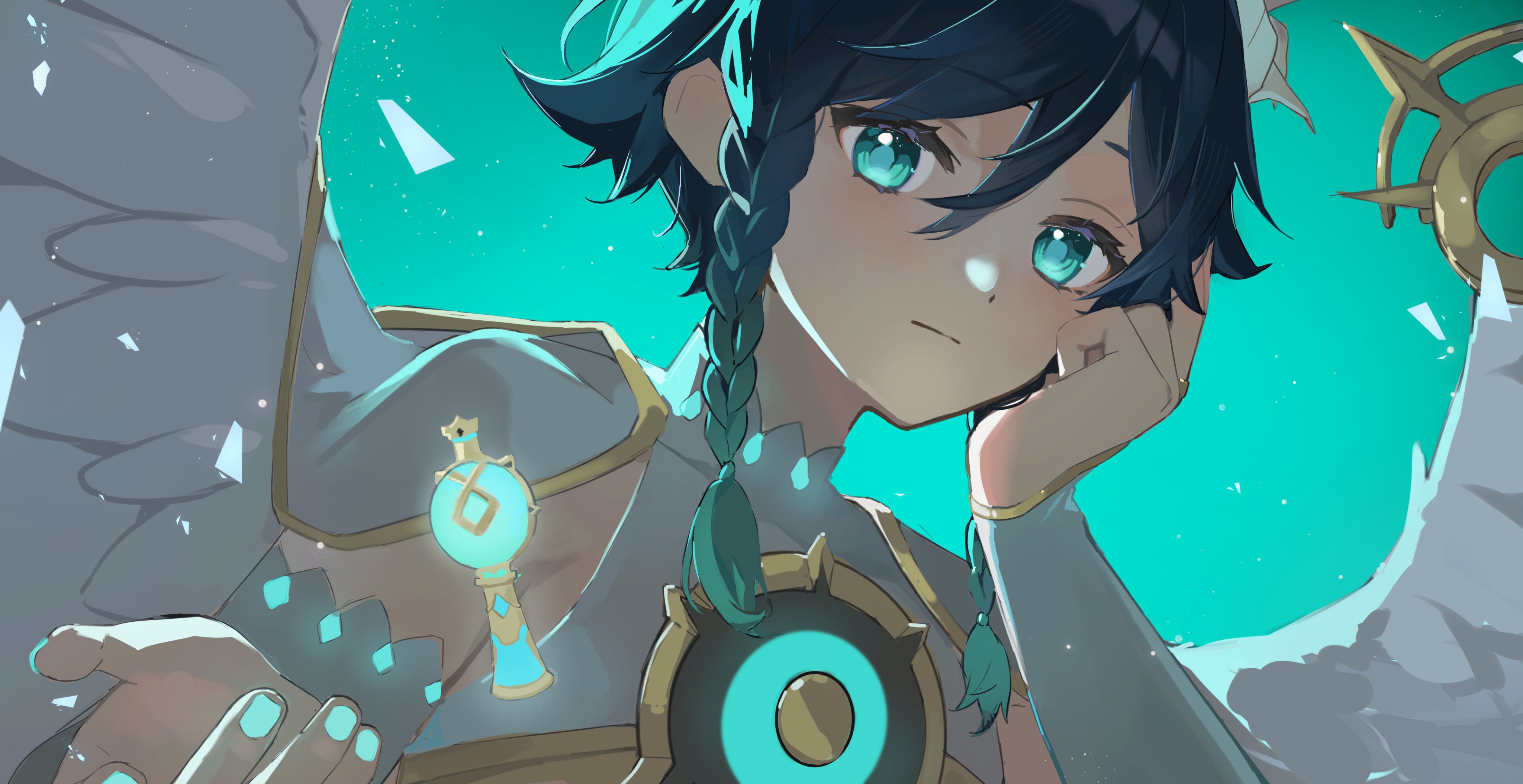 Safebooru - 1boy absurdres aqua eyes aqua hair black hair blue nails braid capelet crop top ...