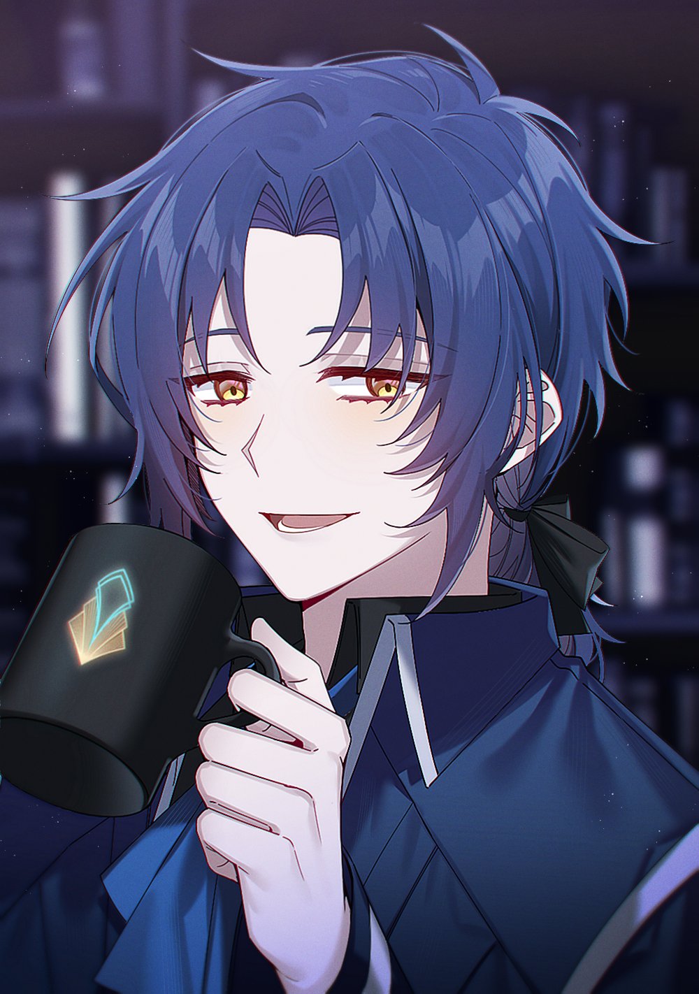 Safebooru - 1boy ascot black bow black shirt blue ascot blue cape blue hair bookshelf bow cape ...