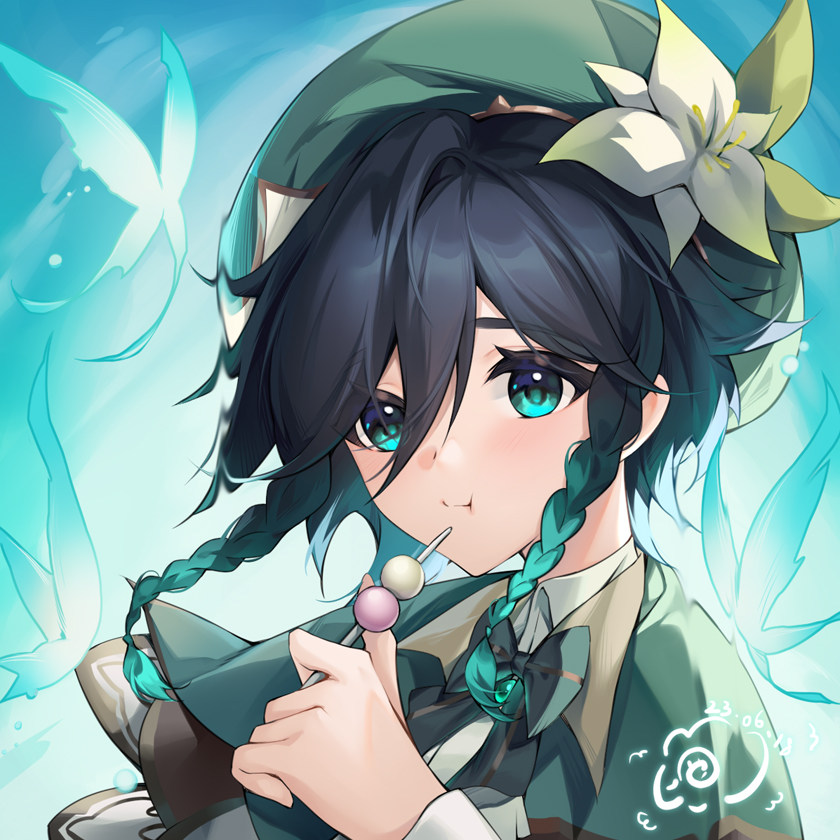 Safebooru - 1boy aqua eyes aqua hair beret black bow black bowtie black hair blue background ...