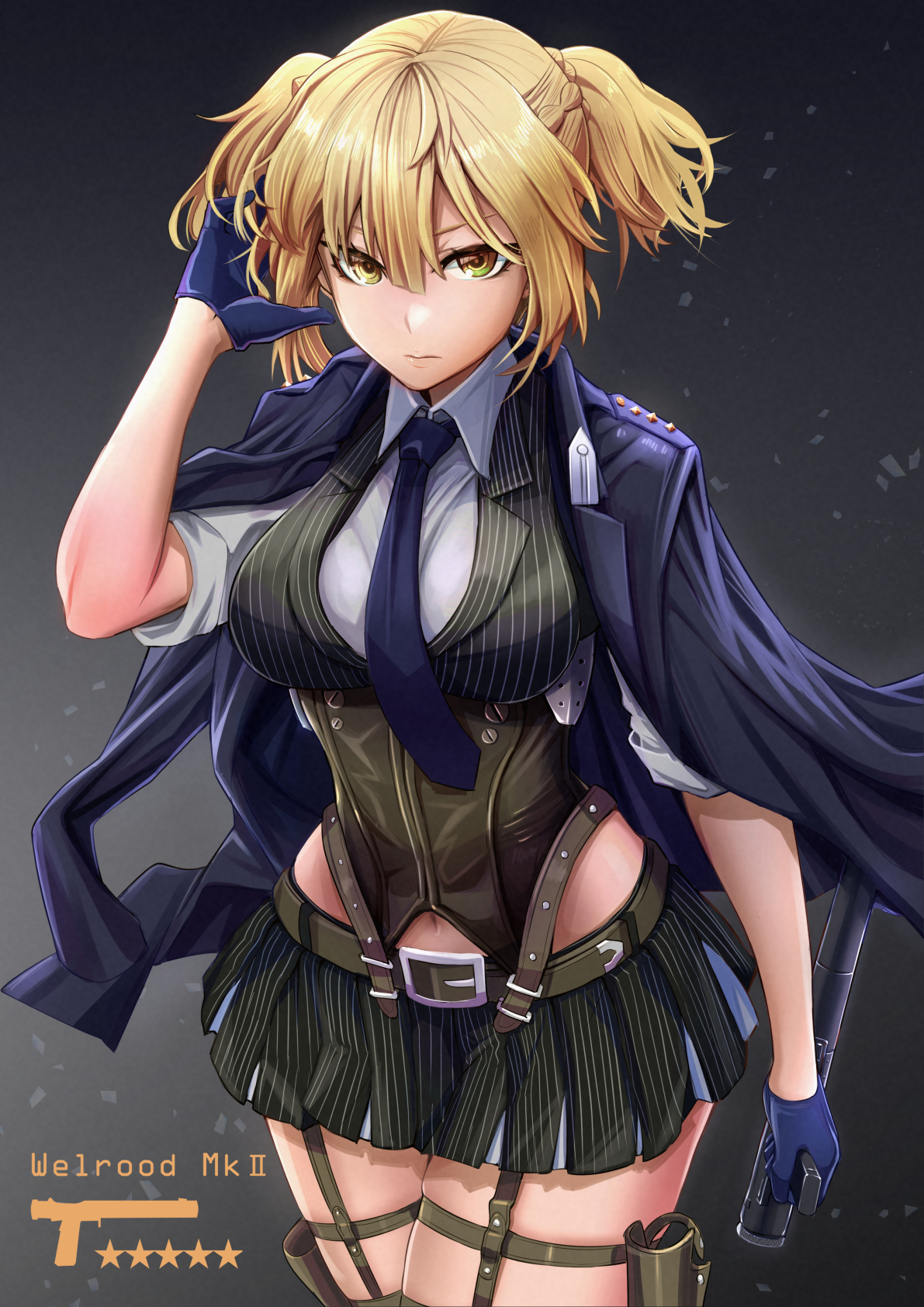 Safebooru - 1girl belt blonde hair blue gloves blue jacket blue necktie braid breasts brown belt ...