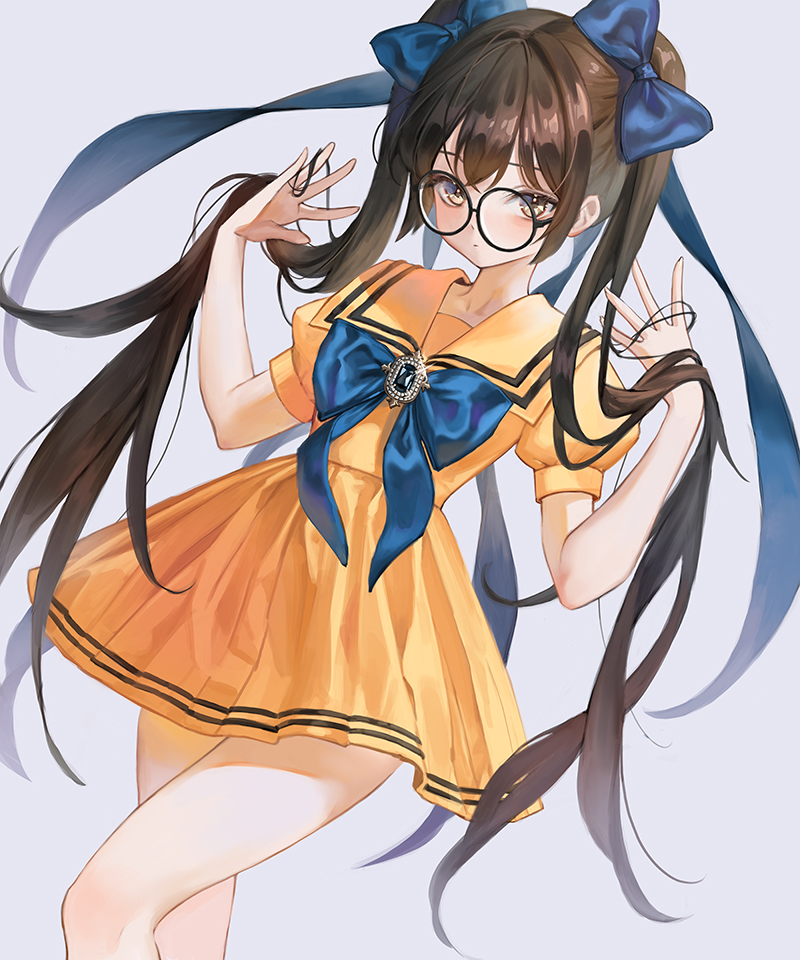 Safebooru - 1girl black-framed eyewear blue bow blue ribbon bow bowtie brown eyes brown hair ...
