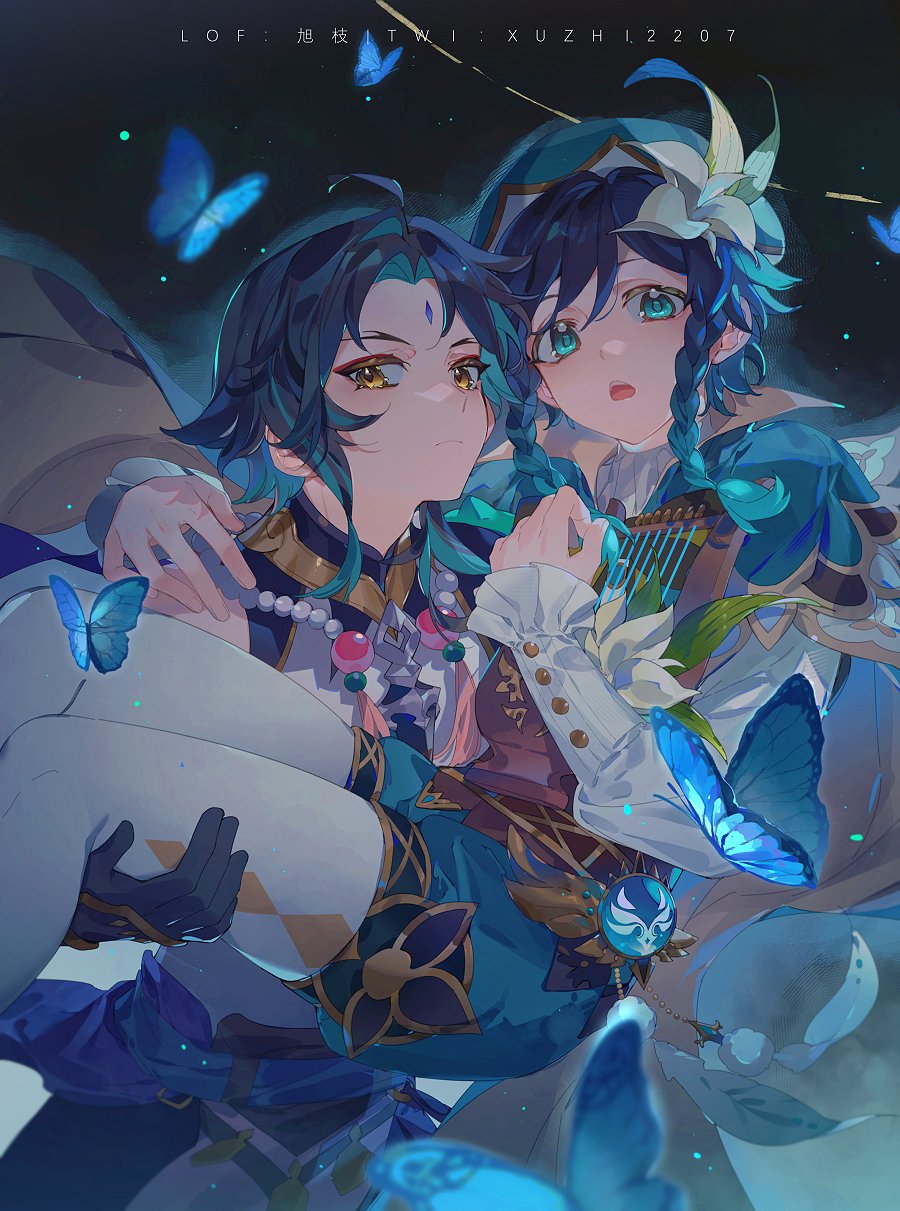 Safebooru - 2boys ahoge aqua eyes aqua hair black background black hair blue butterfly braid bug ...