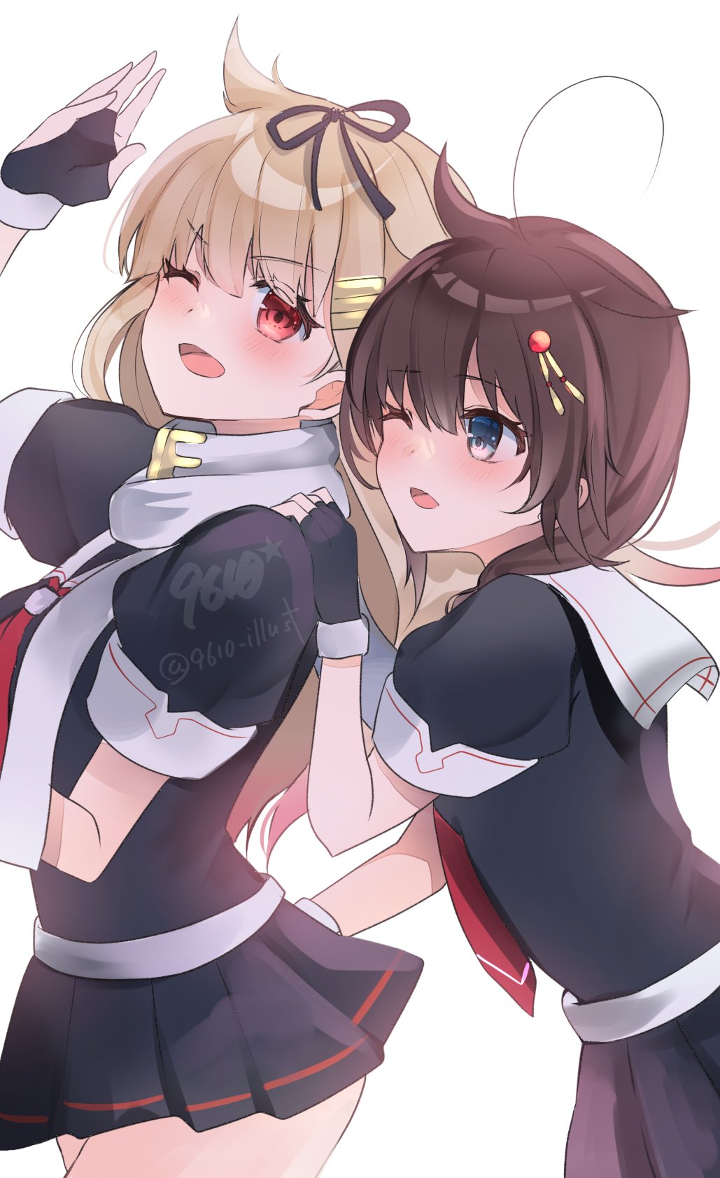 Safebooru - 2girls ahoge black gloves black ribbon black serafuku black skirt blonde hair blue ...