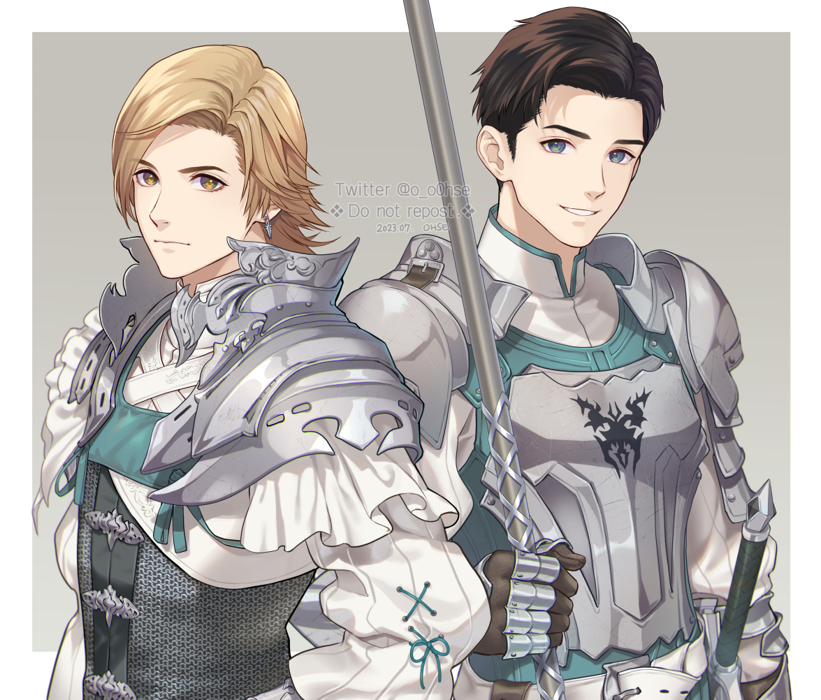Safebooru - 2boys armor blonde hair blue eyes border brown eyes brown ...