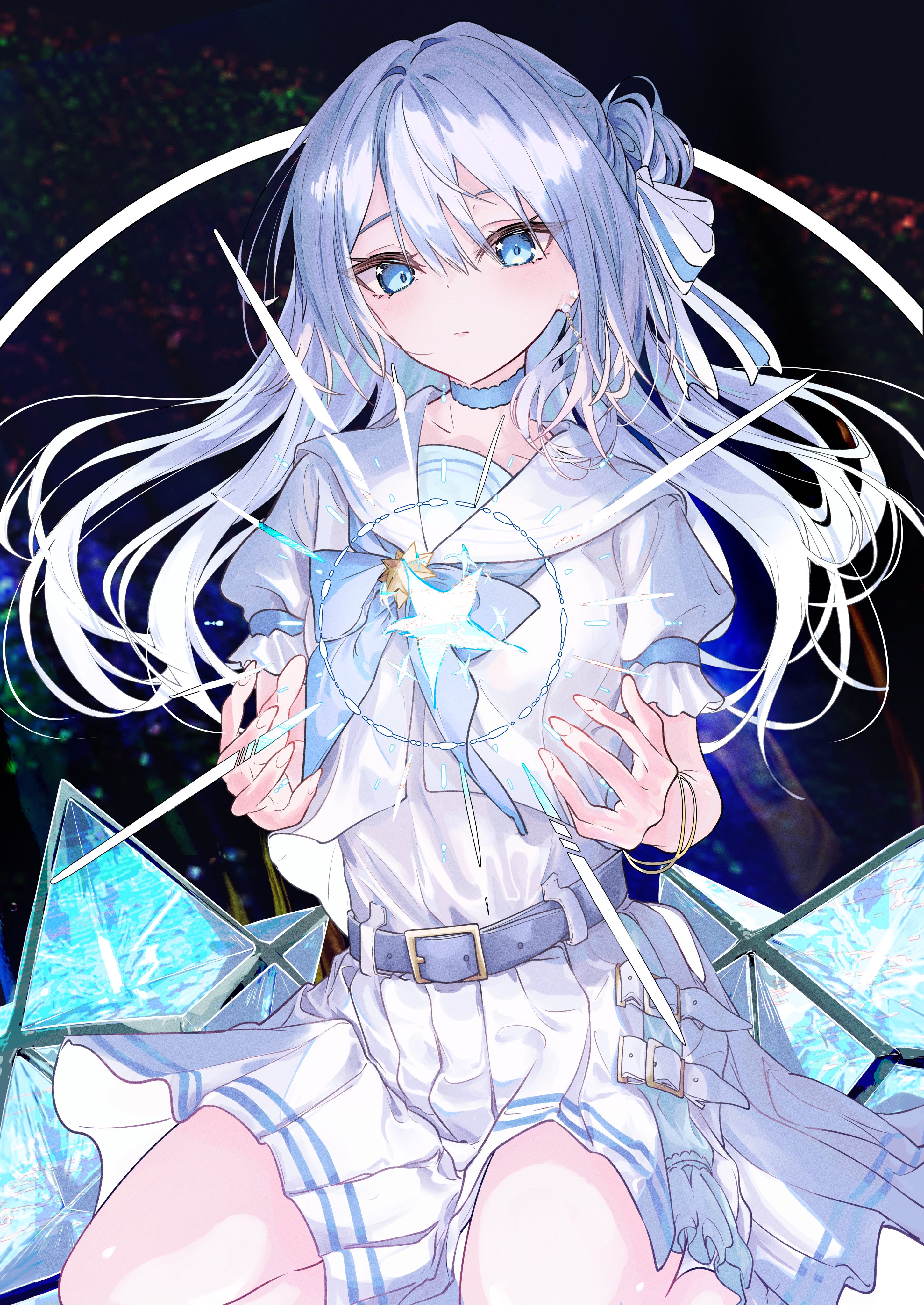 Safebooru - 1girl absurdres belt blue belt blue bow blue bowtie blue choker blue eyes blue hair ...