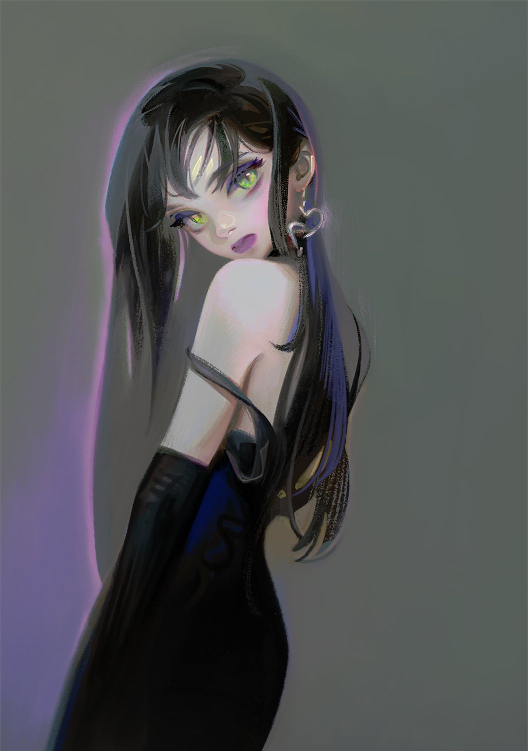 Safebooru - 1girl back bare shoulders black dress black gloves black hair closed mouth ...