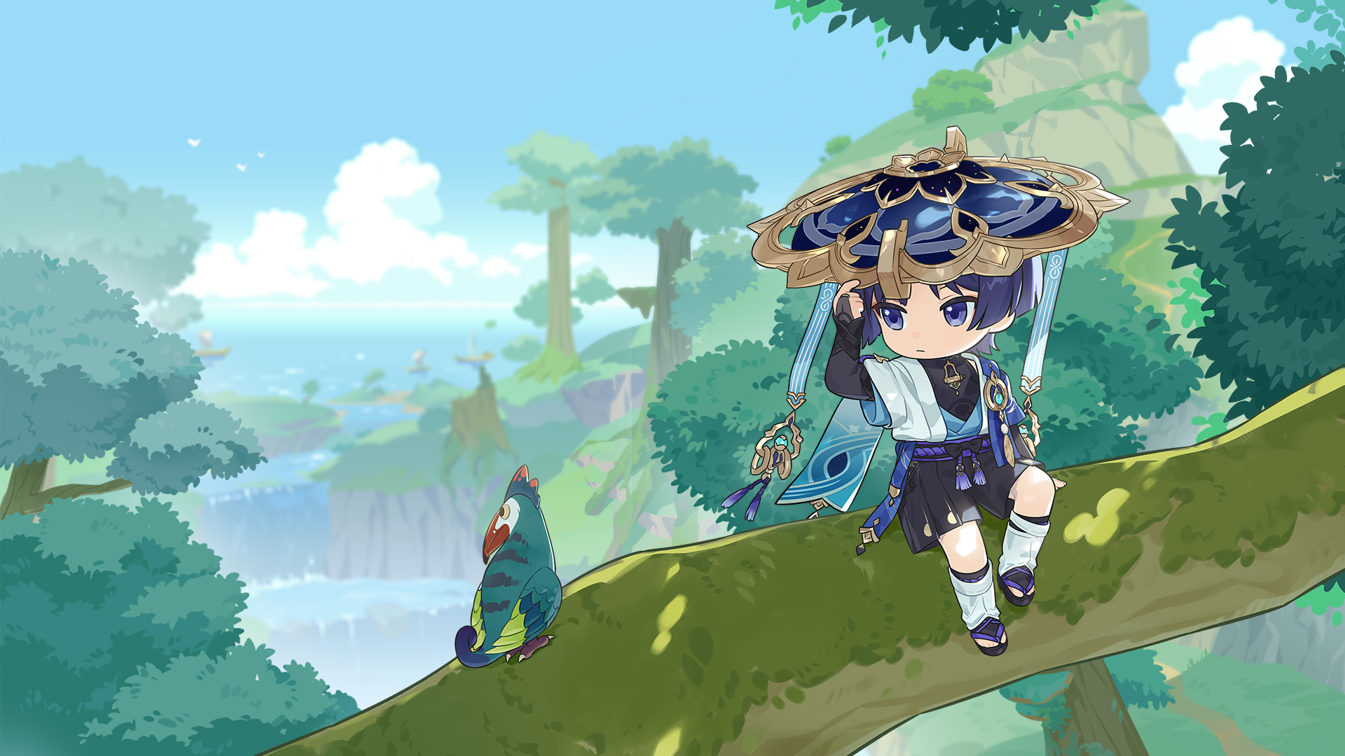 Safebooru - 1boy animal bird blue eyes blue hair branch day forest ...
