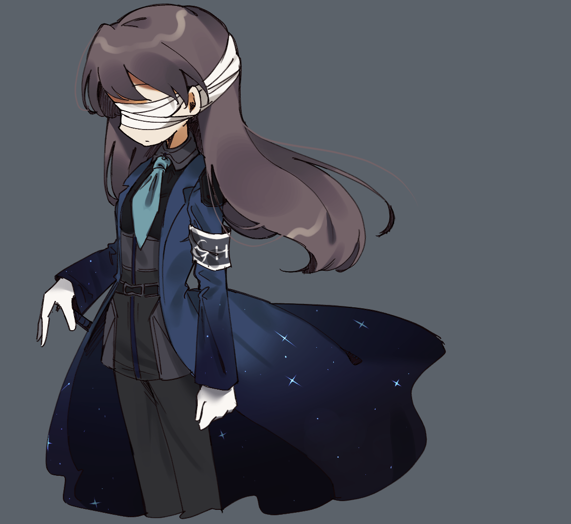 Safebooru - 1girl bandages bandages over eyes belt black belt black shirt blue background blue ...