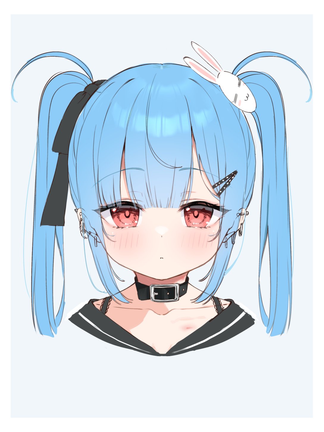 Safebooru - 1girl black bow black collar blue hair blush bow collar collarbone commentary ...