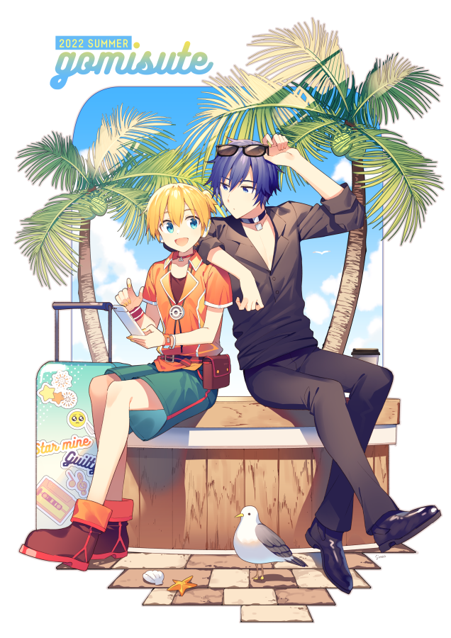 Safebooru - 2boys bird black footwear black pants black shirt blonde hair blue eyes blue hair ...