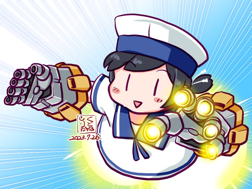 Safebooru - 1girl artist logo black hair blue background blue sailor ...