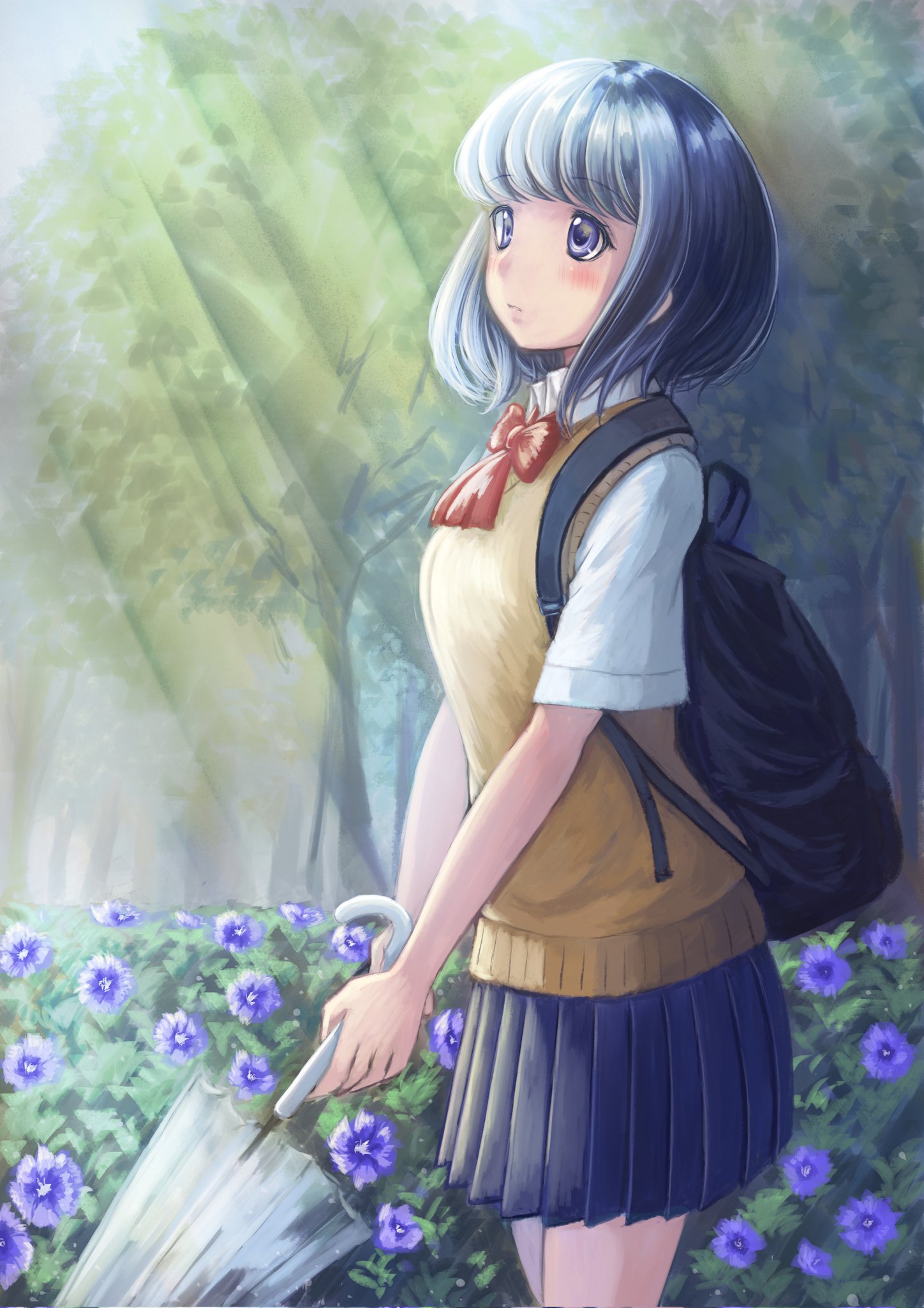 Safebooru - 1girl backpack bag black skirt bow bowtie brown jacket cowboy shot flower from side ...