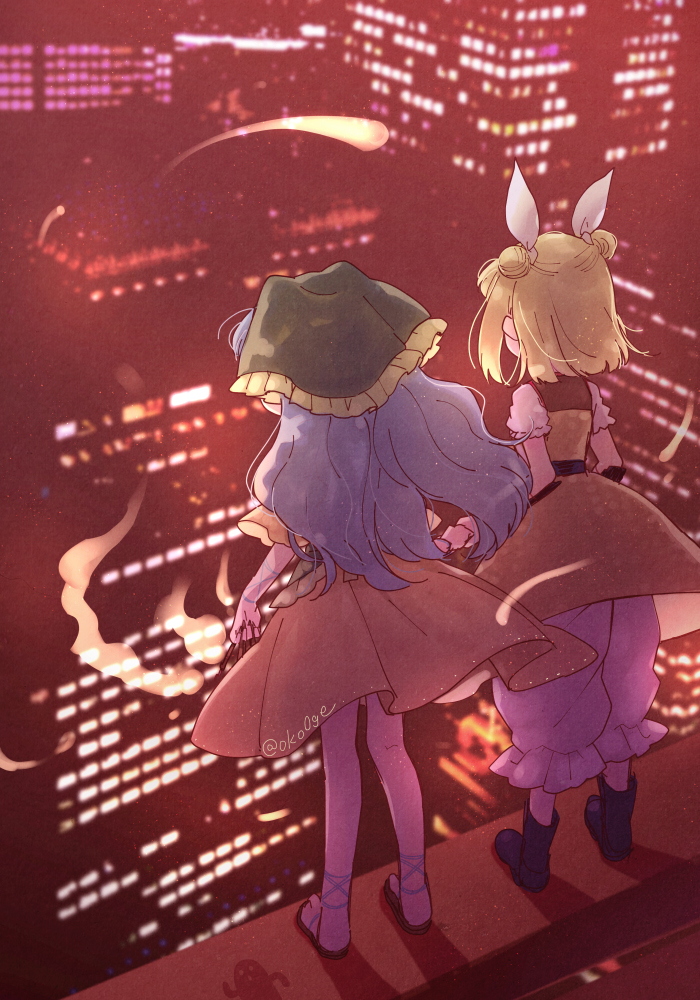 Safebooru - 2girls biyon black footwear blonde hair blue hair boots double bun dress from behind ...